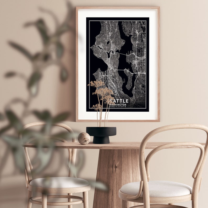 Seattle Washington Map, Black and White, Invetred Black, Coordinates ...