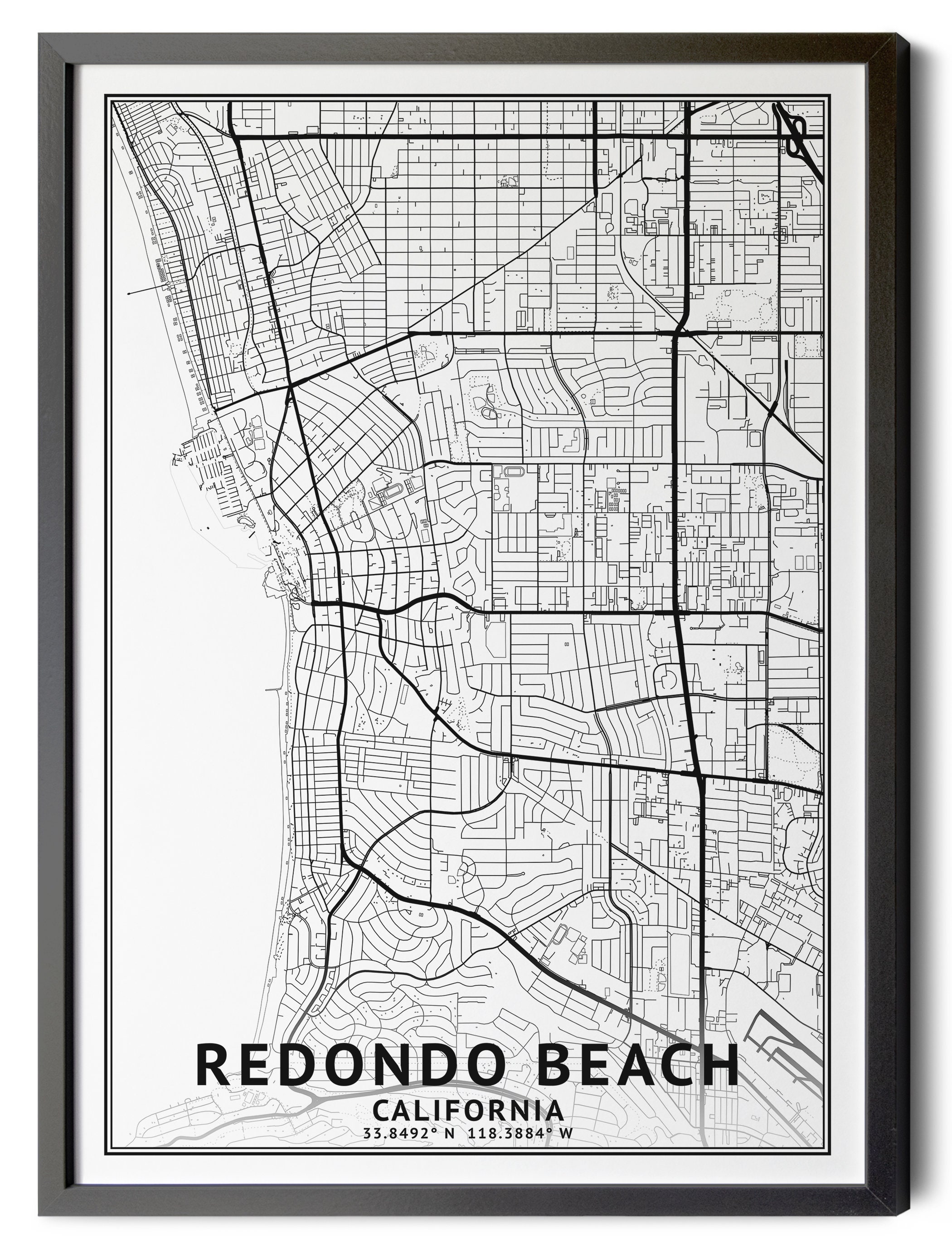 Redondo Beach California Map, Black and White, Coordinates, Map of ...