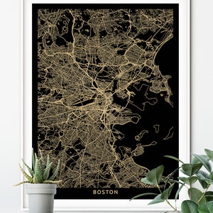 Boston Map, Black, High Resolution Real Gold Leaf Texture, Boston ...