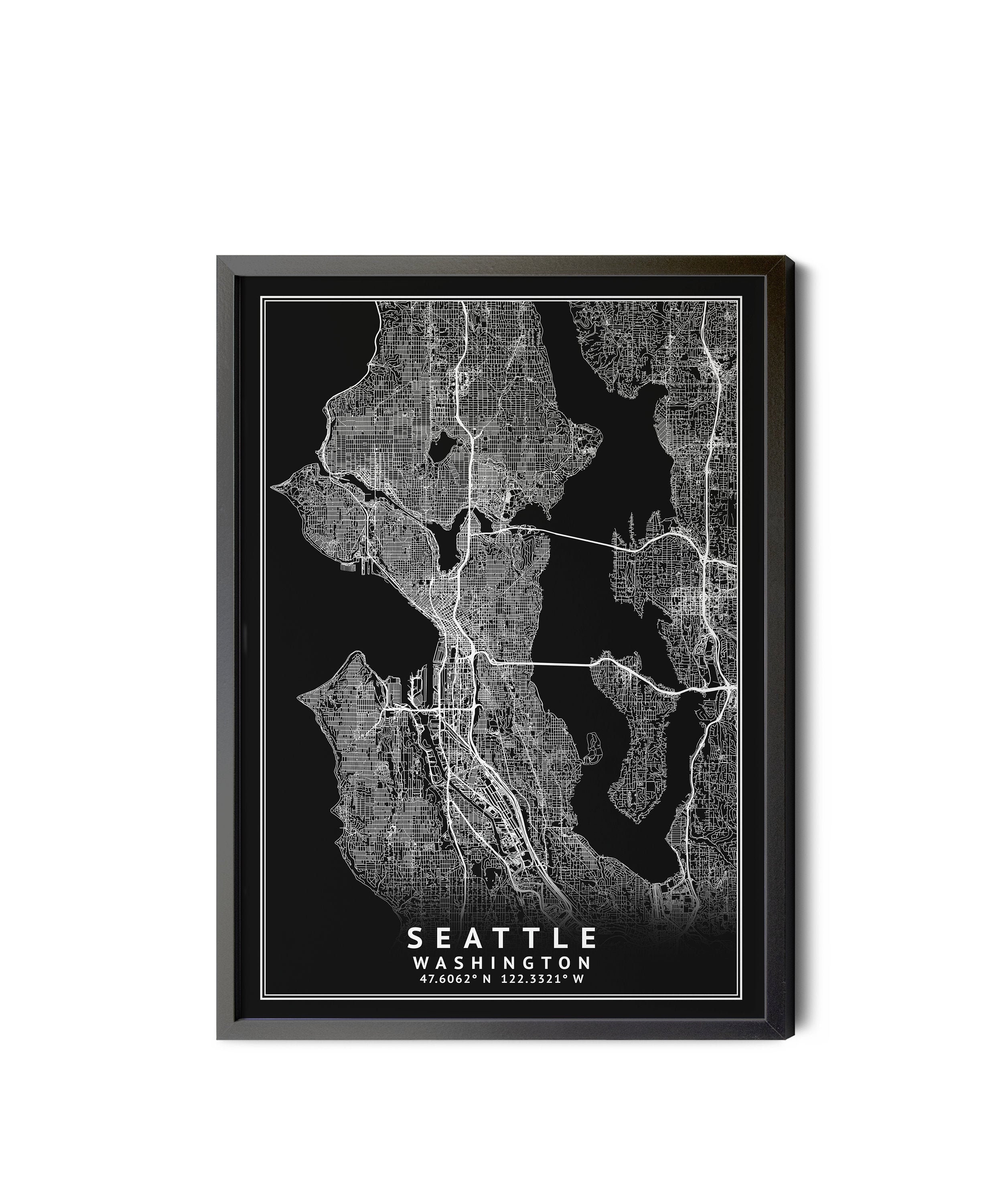 Seattle Washington Map Black and White Invetred Black | Etsy