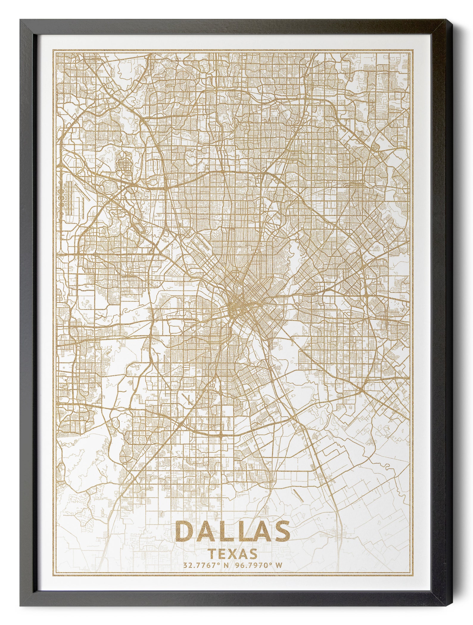 Dallas Texas Map, High Resolution Real Gold Leaf Texture, Coordinates ...