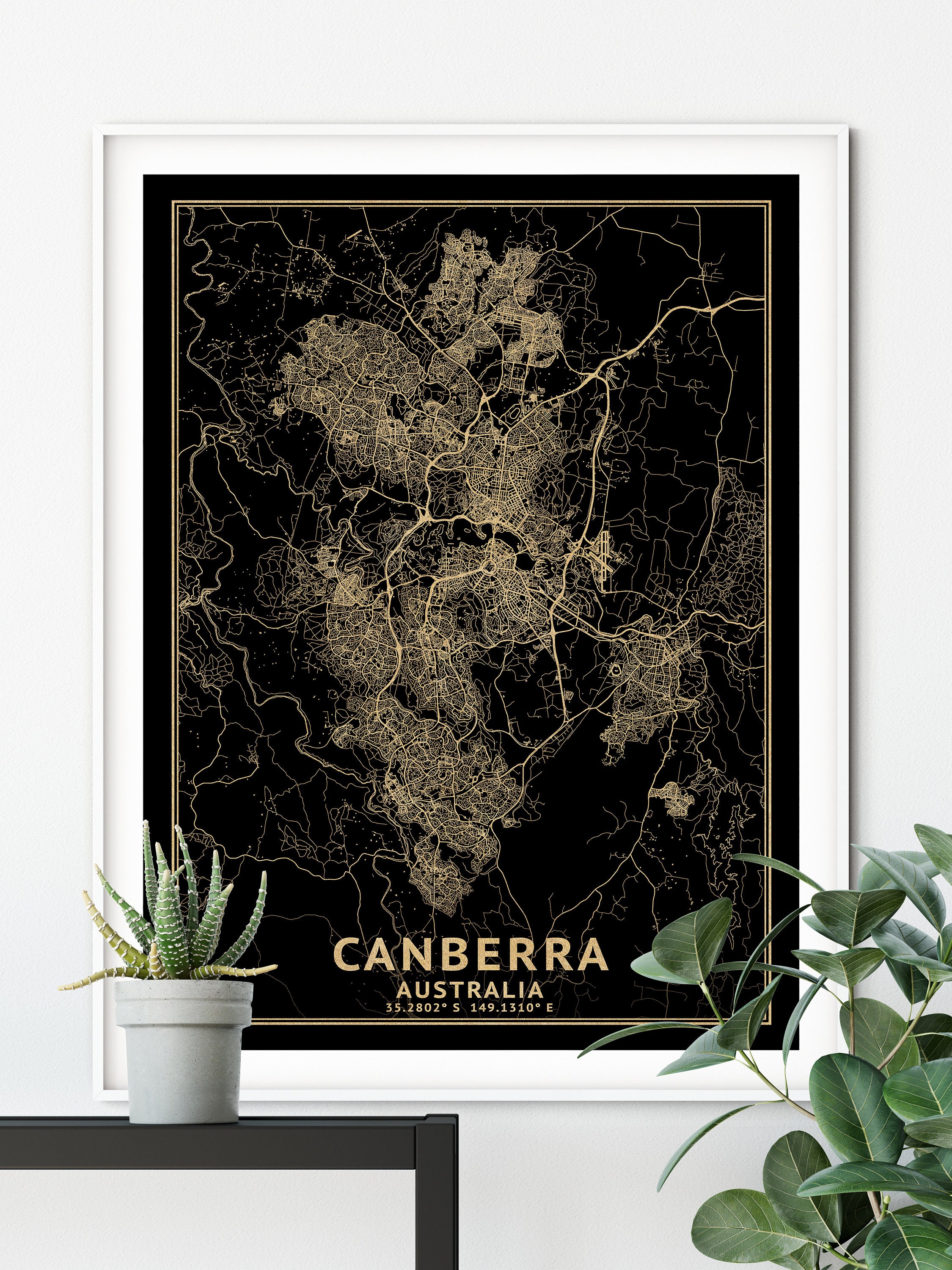 Canberra Australia Map Black High Resolution Real Gold Leaf - Etsy