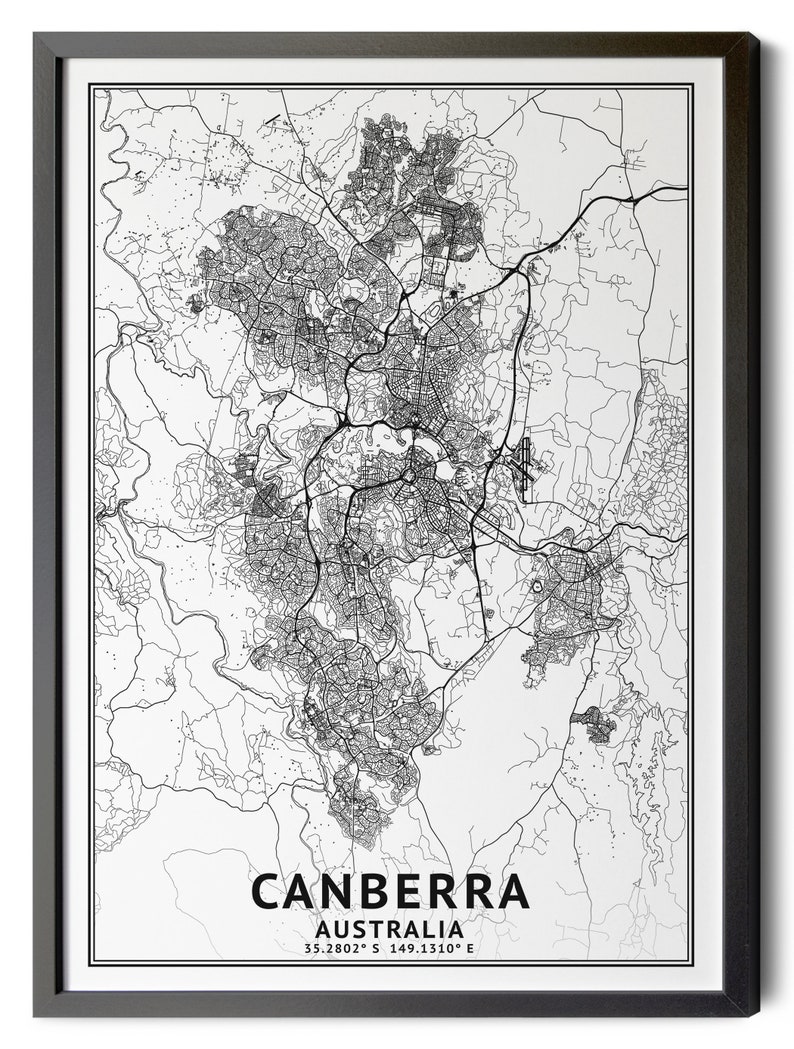 Canberra Australia, Map, Black and White, Coordinates, Canberra, AUS ...