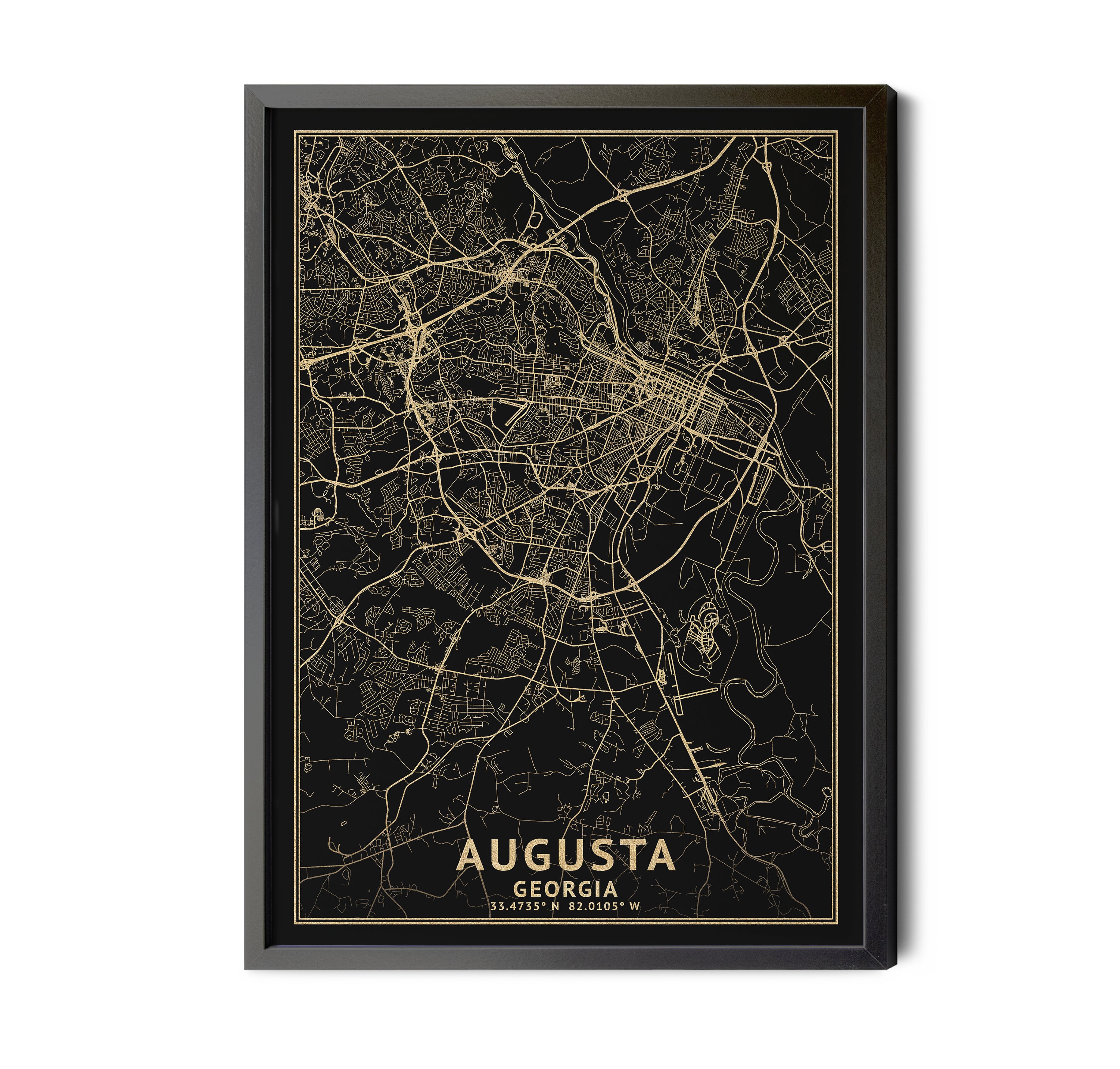 Augusta Georgia Map, Black, High Resolution Real Gold Leaf Texture ...
