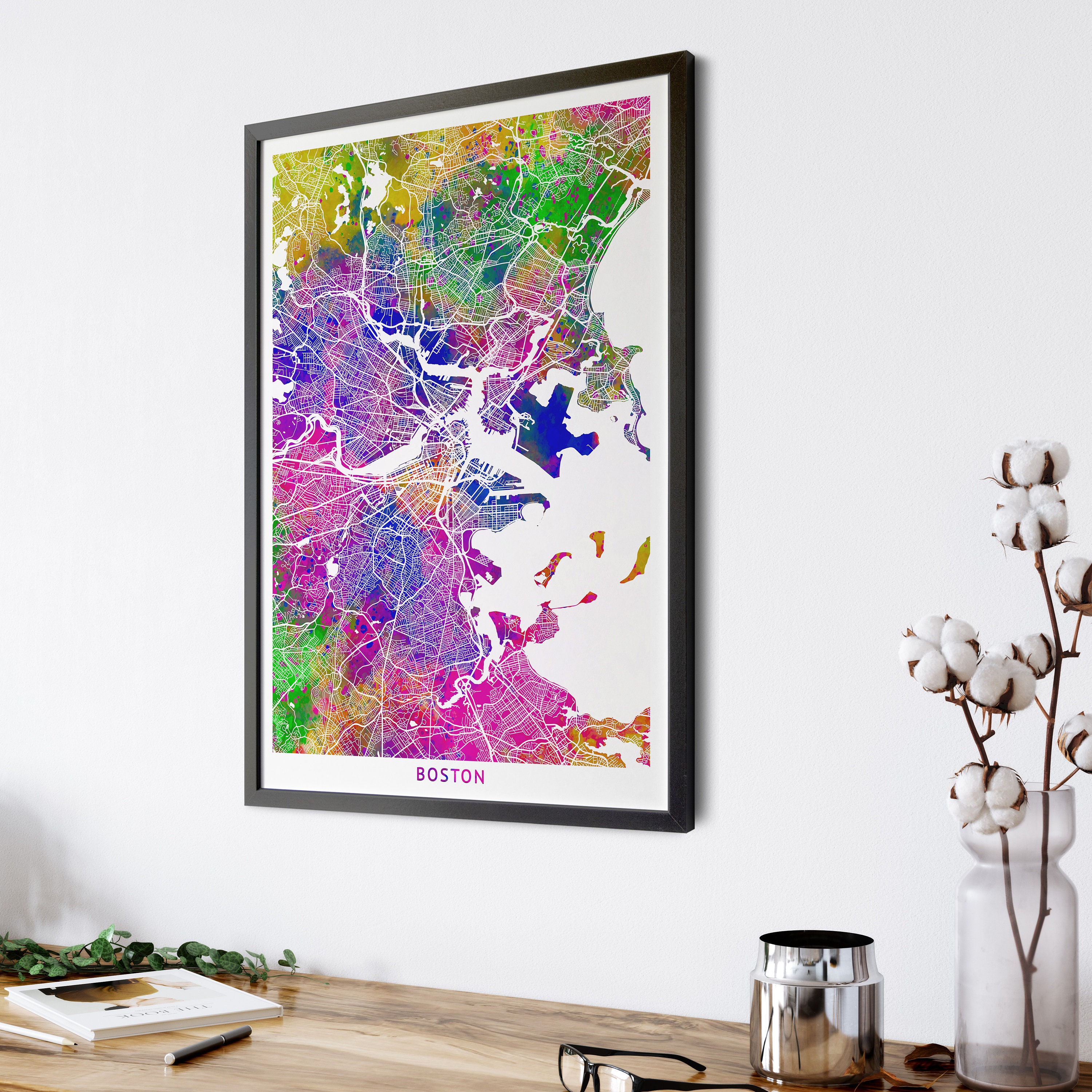 Boston Massachusetts Map, Watercolor Multicolored, Map of Boston ...