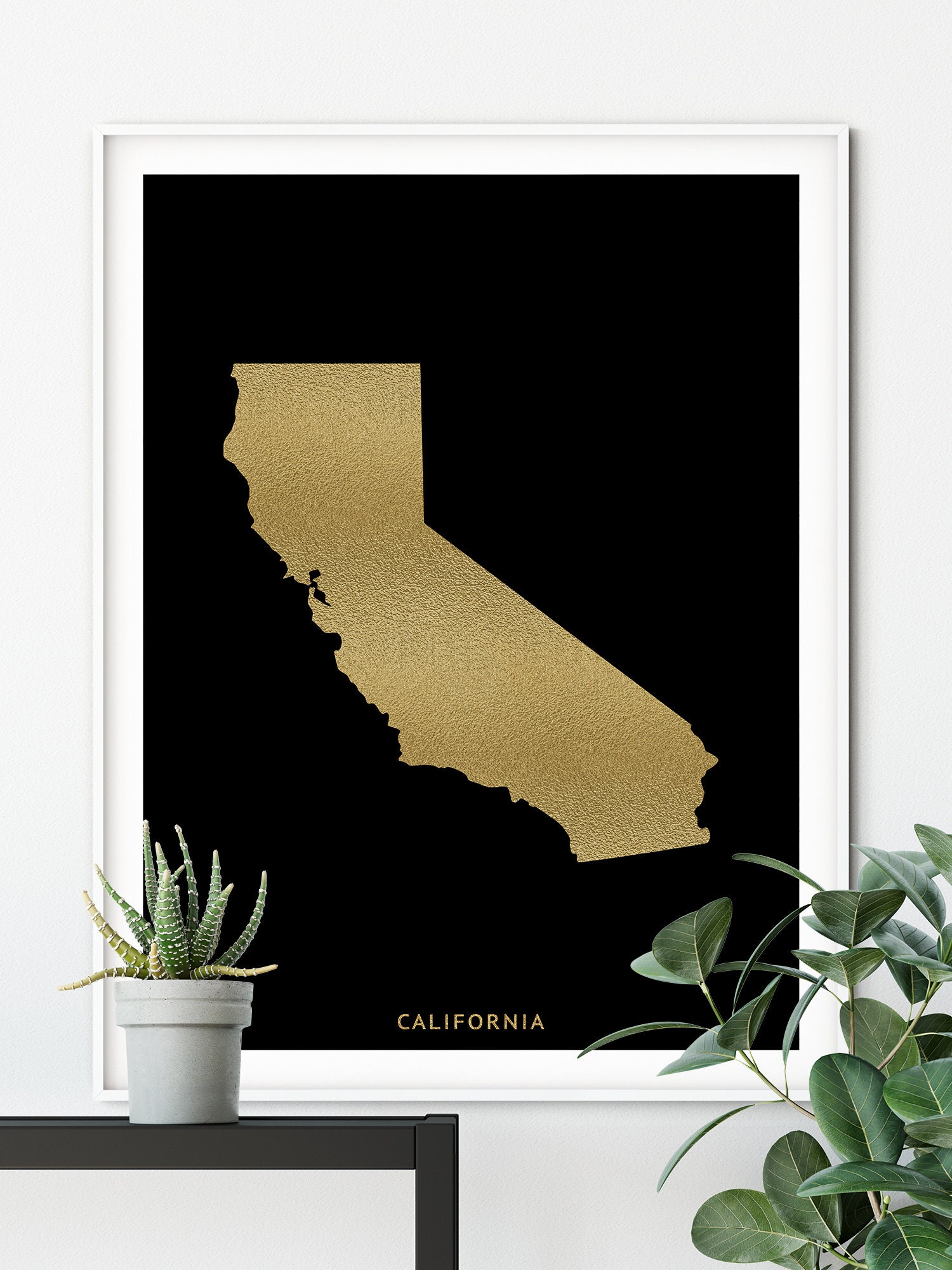 California Map, Black, Gold Foil Texture, Contemporary, Modern Map Art ...
