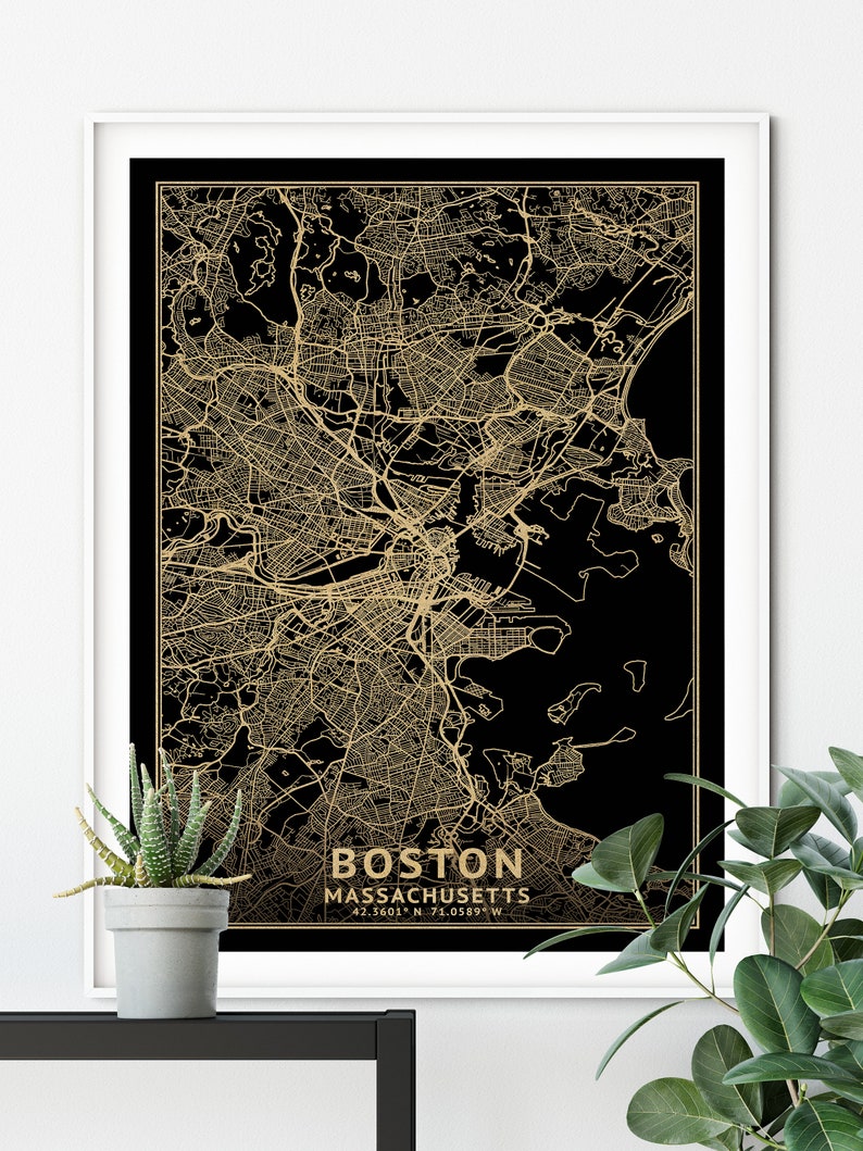 Boston Map, Black, High Resolution Real Gold Leaf Texture, Coordinates ...