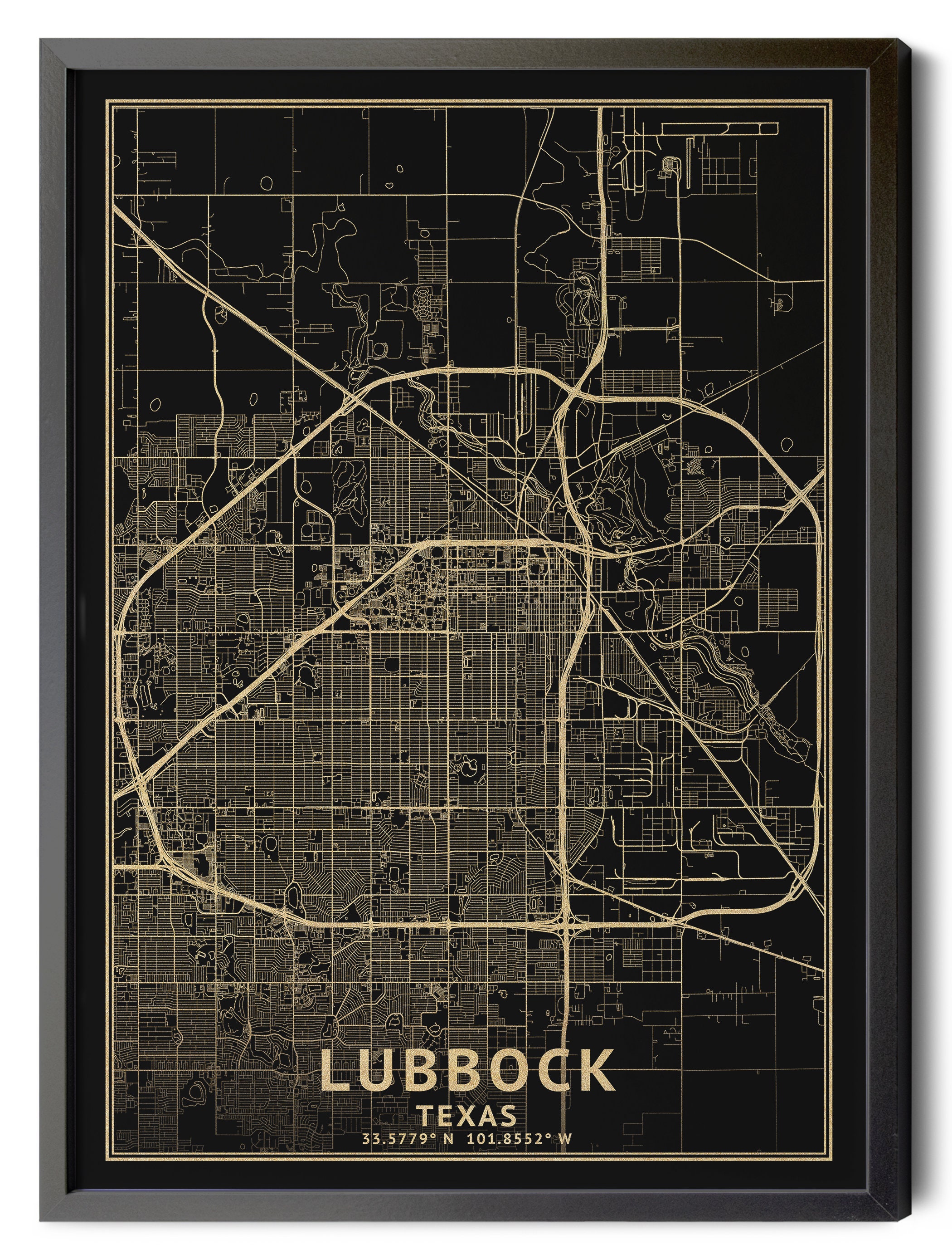 Lubbock Texas Map Black High Resolution Real Gold Leaf - Etsy