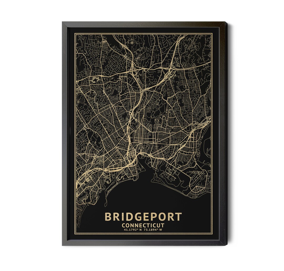 Bridgeport Connecticut Map, Black, High Resolution Real Gold Leaf ...
