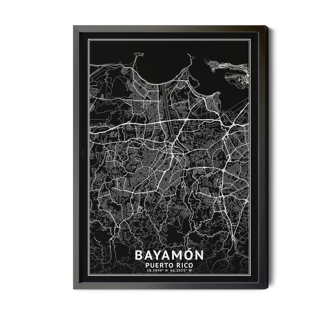 Bayamon Puerto Rico Map, Black and White, Inverted, Coordinates, Map of ...