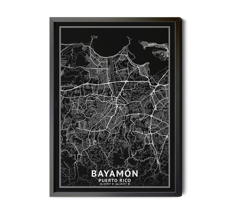 Bayamon Puerto Rico Map, Black and White, Inverted, Coordinates, Map of ...