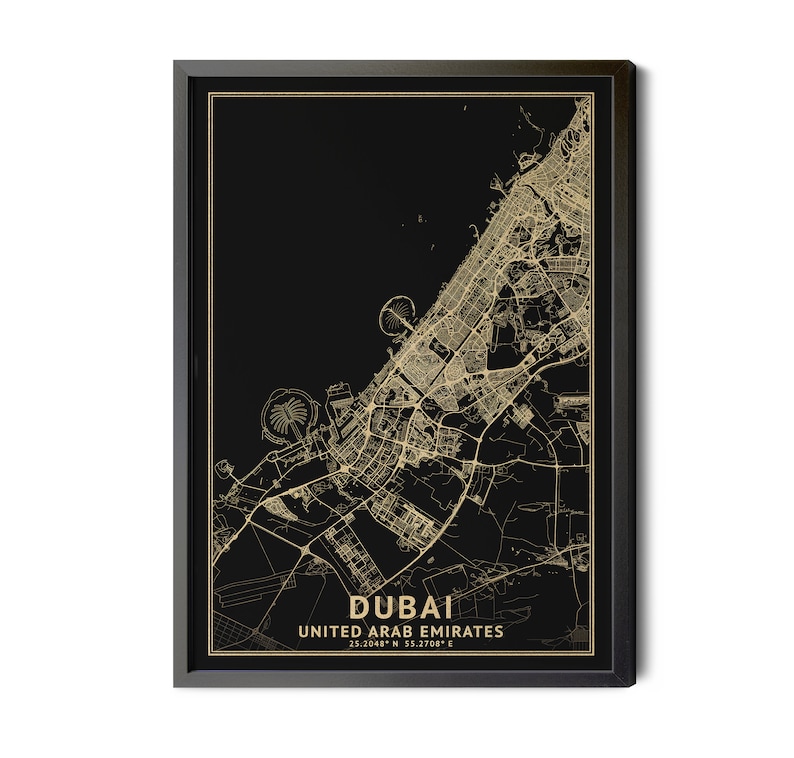 Dubai United Arab Emirates Map, Black, High Resolution Real Gold Leaf ...