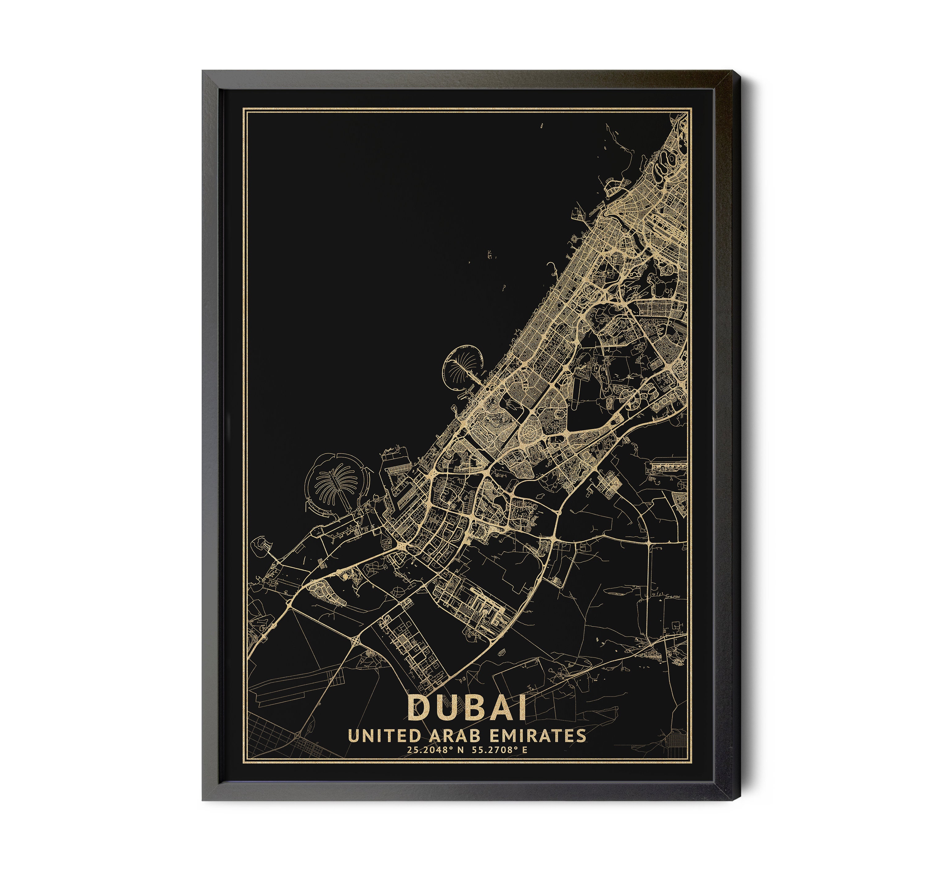 Dubai United Arab Emirates Map, Black, High Resolution Real Gold Leaf ...