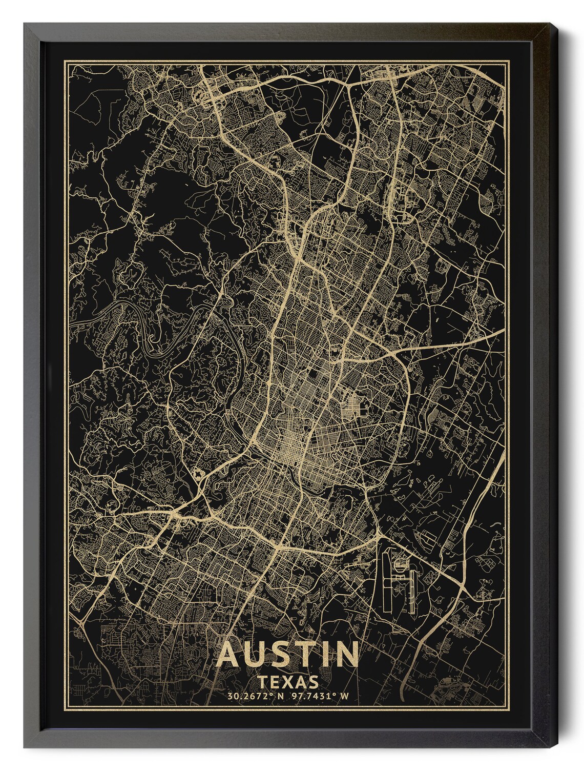 Austin Texas Map Black High Resolution Real Gold Leaf - Etsy