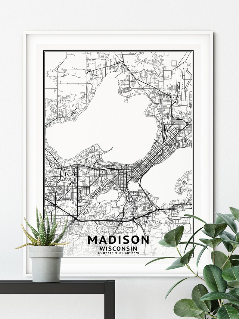 Madison Wisconsin Map Black and White Coordinates Map of - Etsy