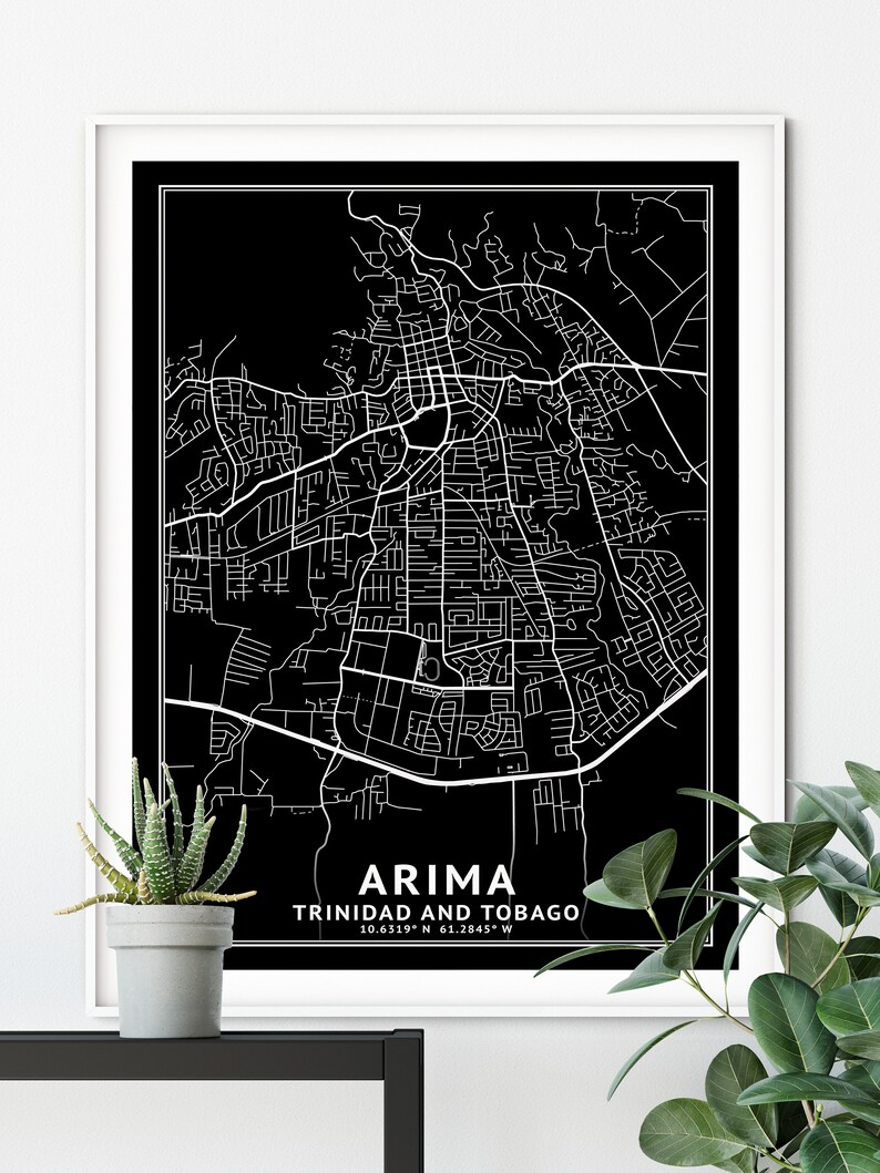 Arima Trinidad and Tobago Map, Black and White, Inverted, Coordinates ...