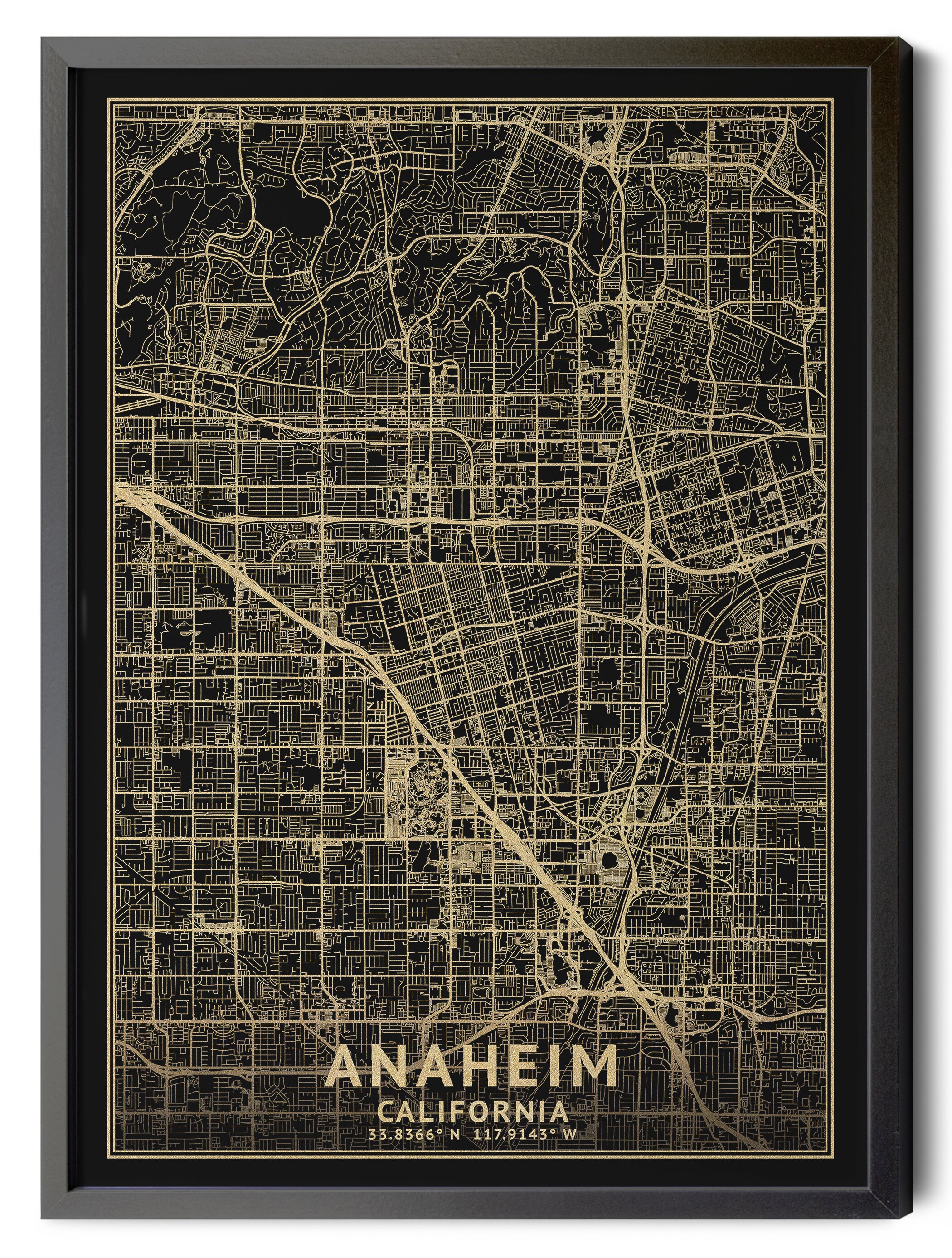 Anaheim California Map, Black, High Resolution Real Gold Leaf Texture ...