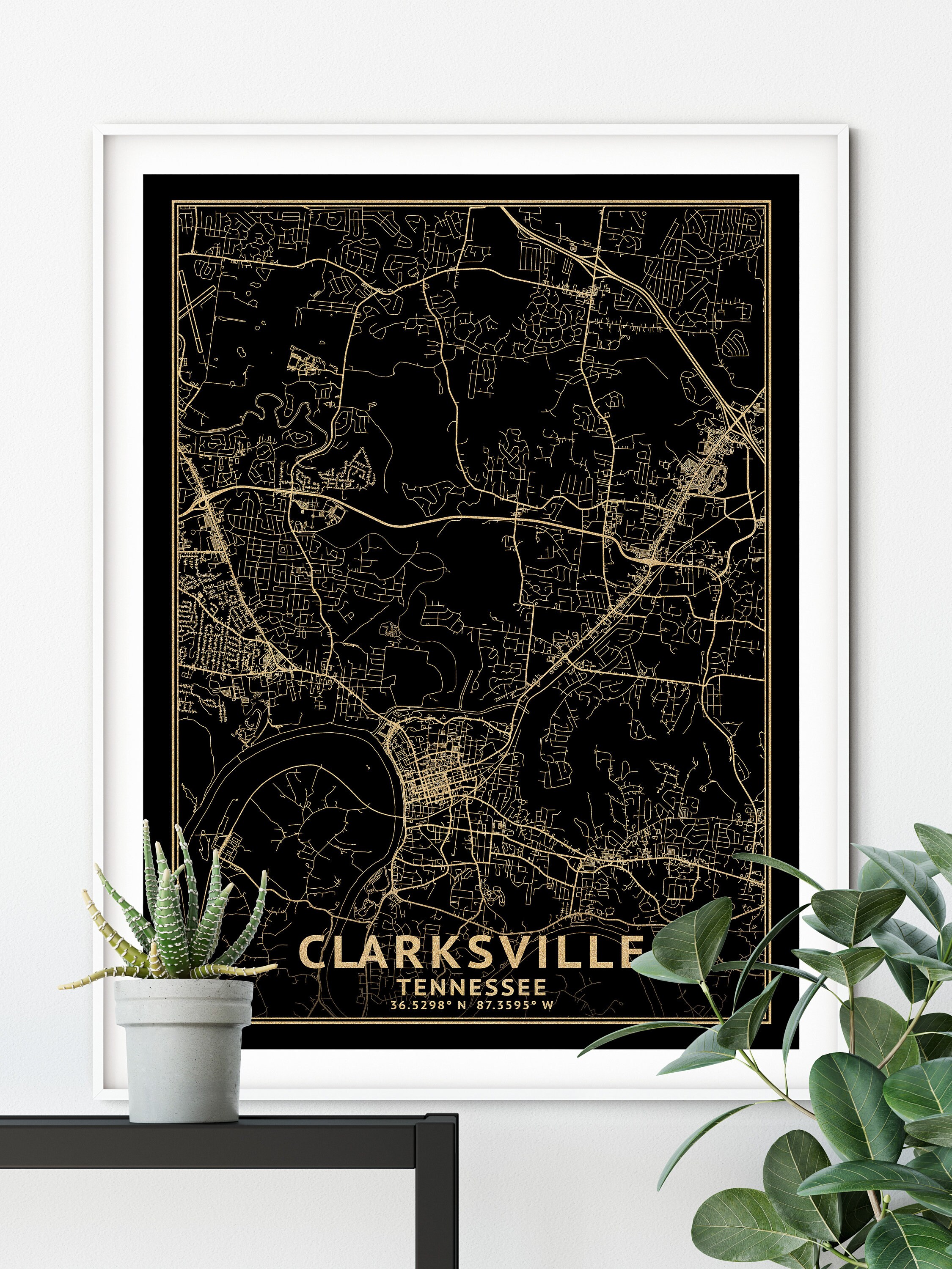 Clarksville Tennessee Map, Black, High Resolution Real Gold Leaf ...