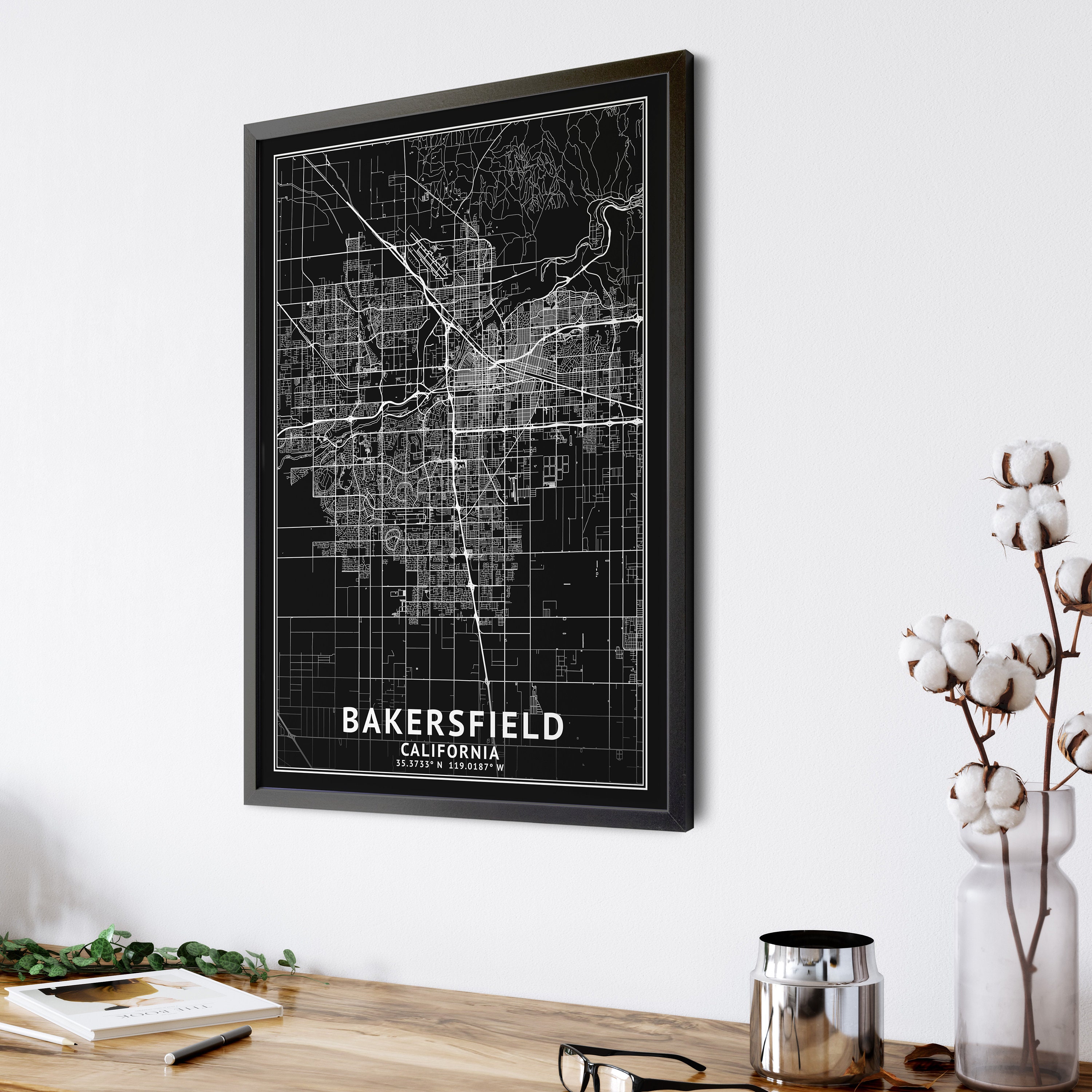 Bakersfield California Map Black and White Inverted - Etsy
