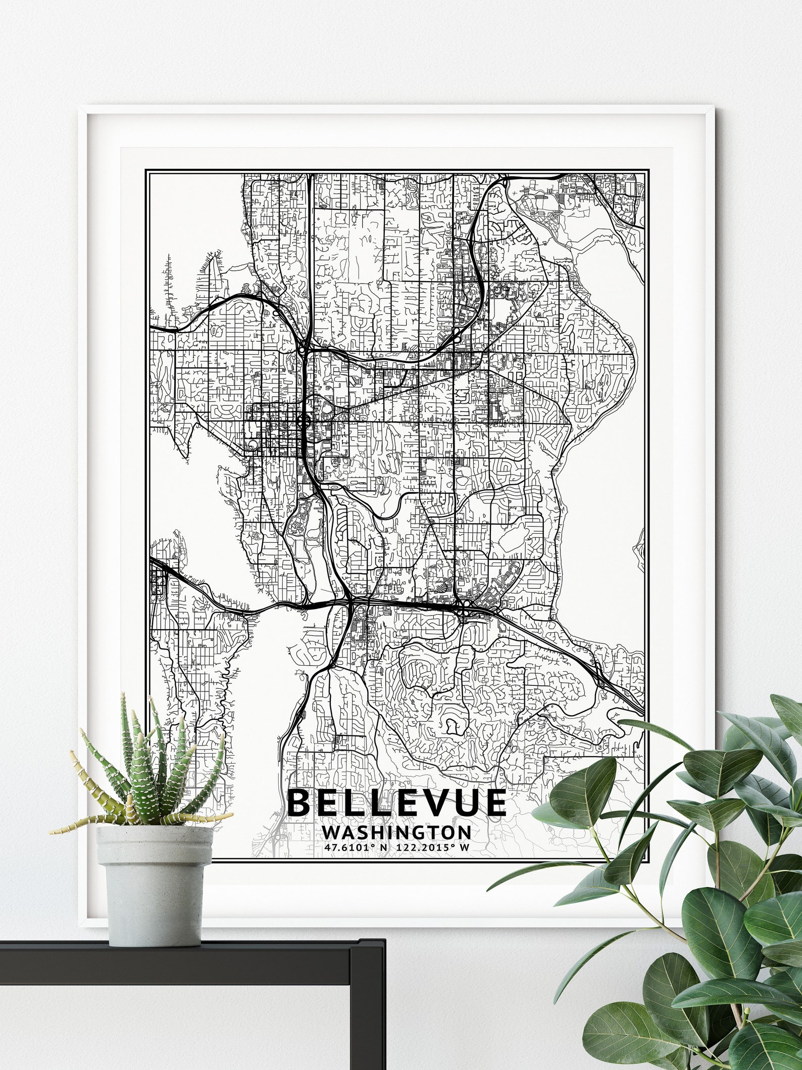 Bellevue Washington Map, Black and White, Coordinates, Map of Bellevue ...