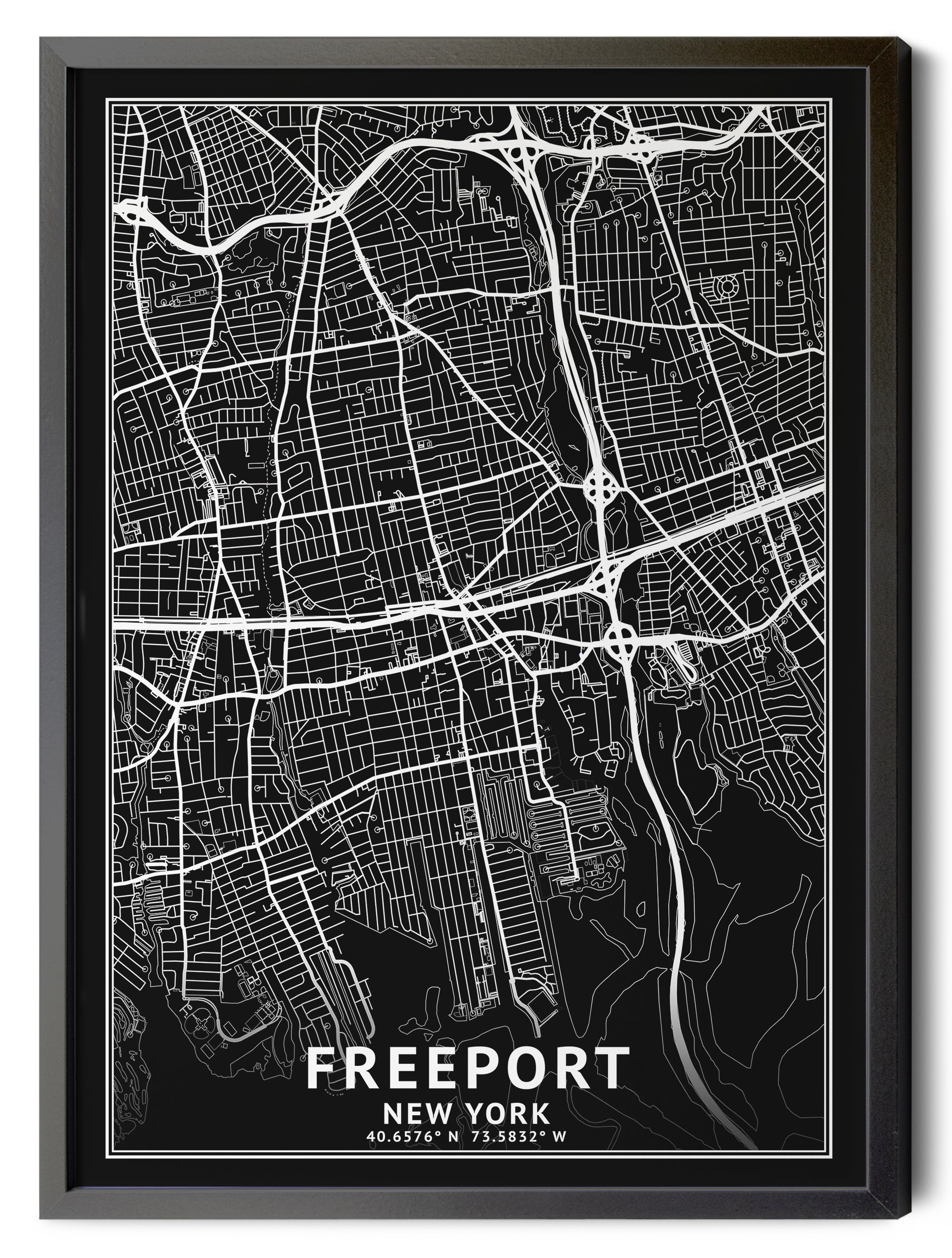 Freeport New York Map, Black and White, Inverted, Coordinates, Map of ...