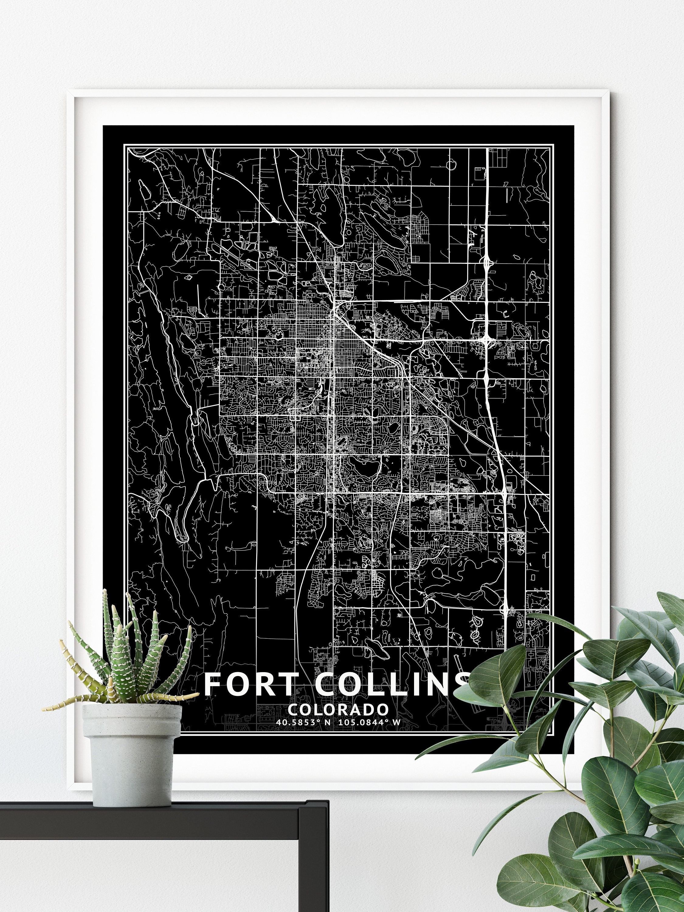 Fort Collins Colorado Map Black and White Inverted - Etsy
