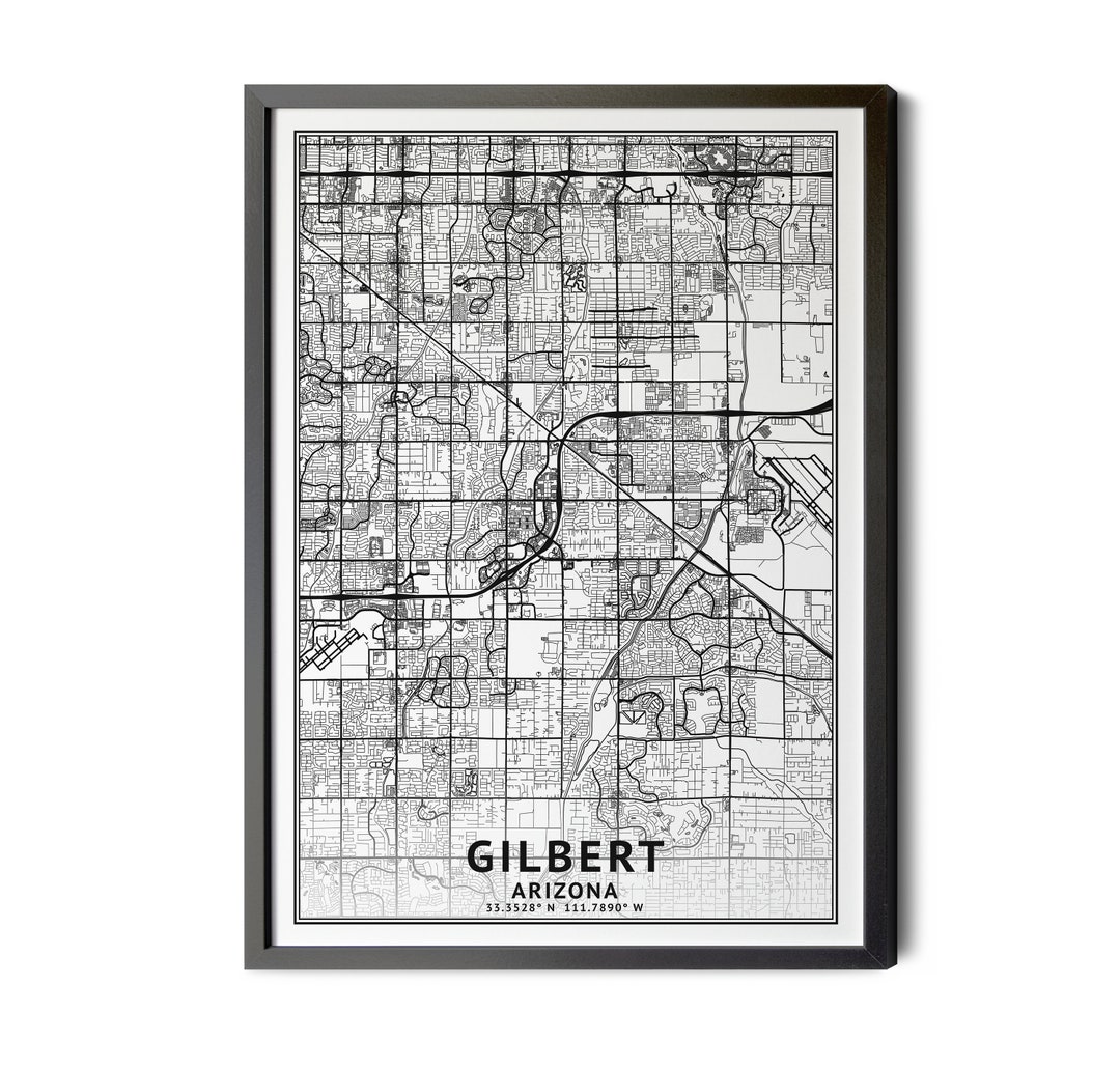 Gilbert Arizona Map, Black and White, Coordinates, Map of Gilbert ...