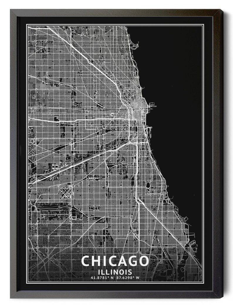 Chicago Map, Black and White, Inverted Black, Chicago Illinois Map Wall ...