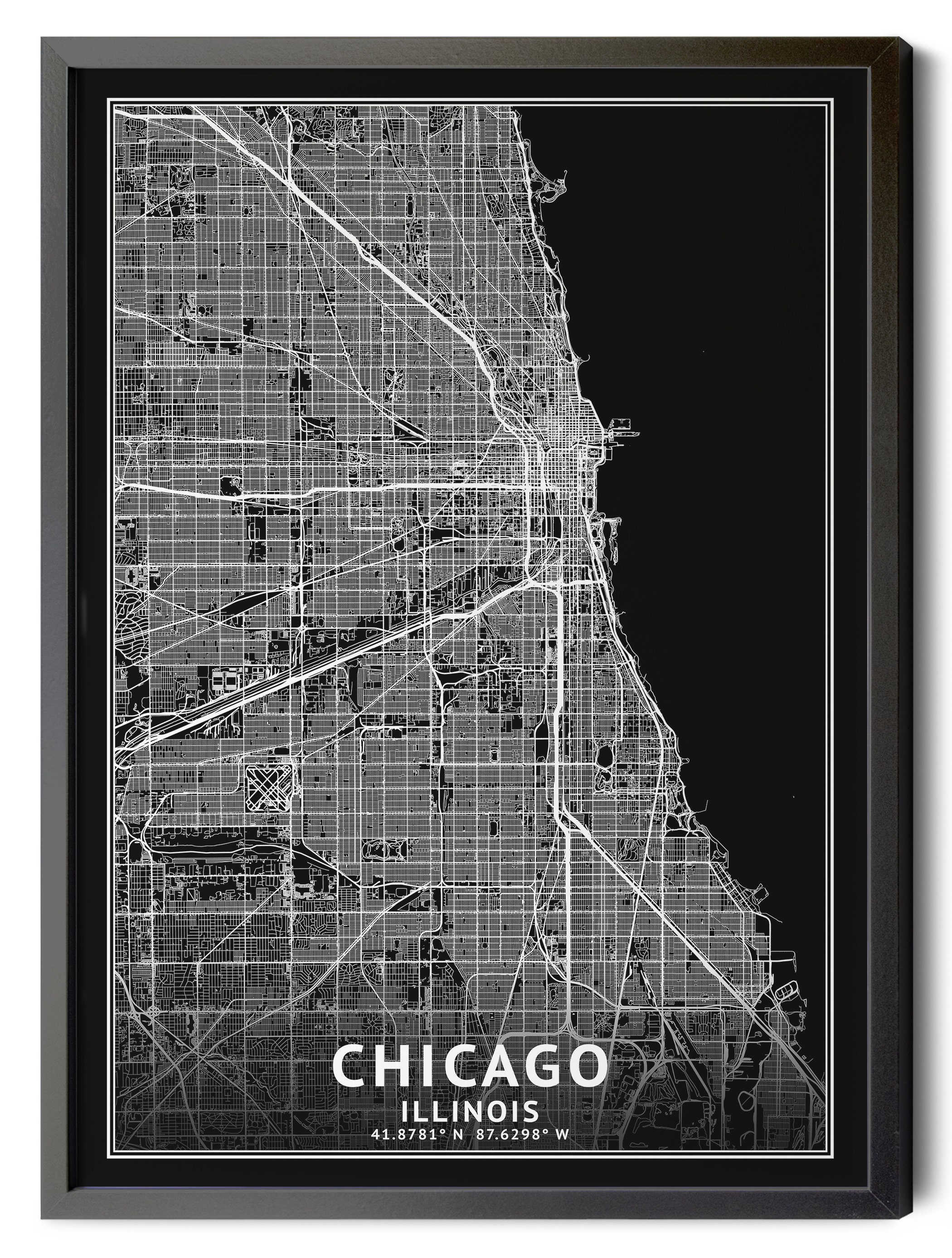 Chicago Map, Black and White, Inverted Black, Chicago Illinois Map Wall ...