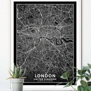 London United Kingdom Map, Black and White, Inverted, Coordinates, Map ...