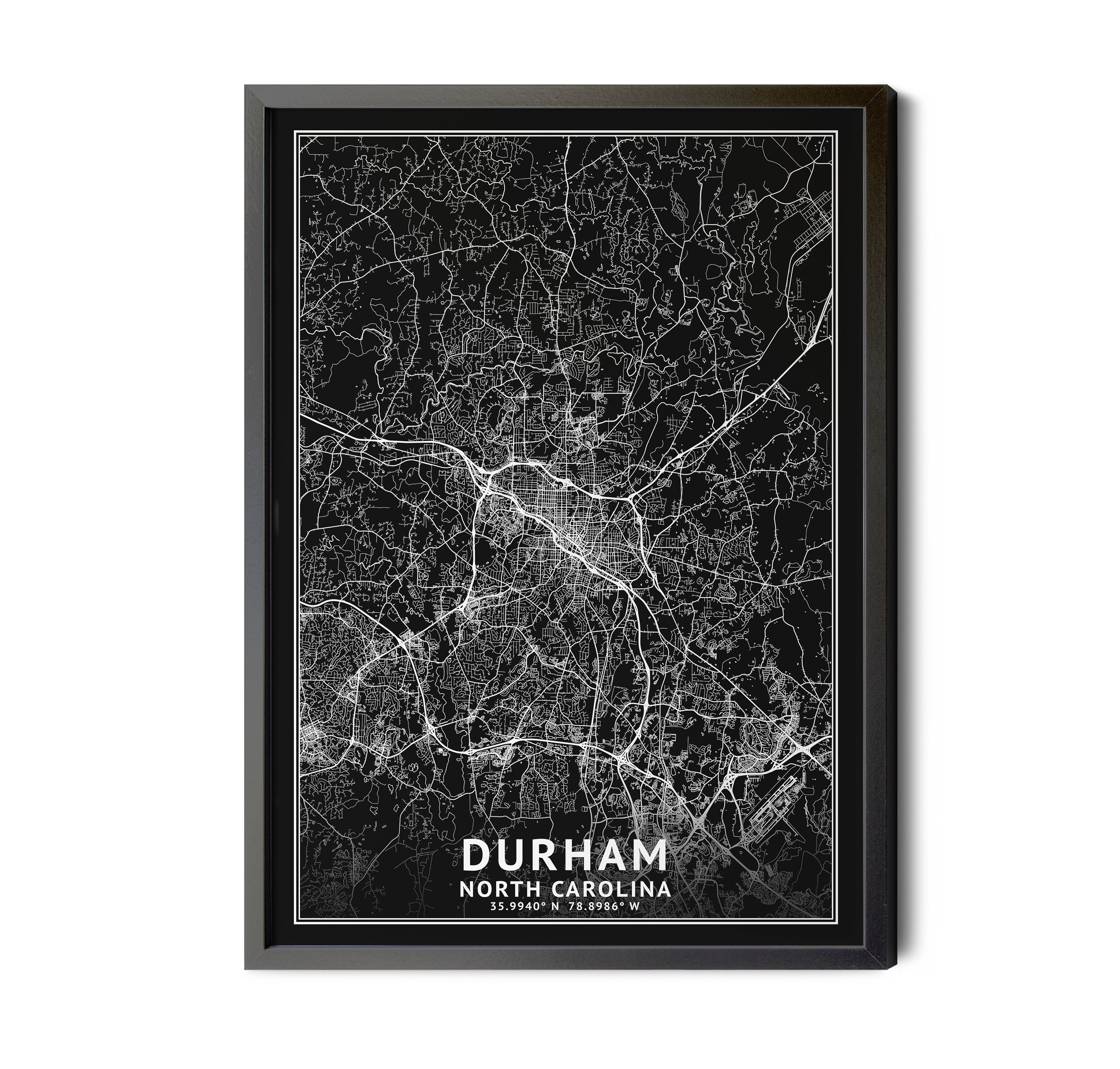 Durham North Carolina Map Black and White Inverted | Etsy