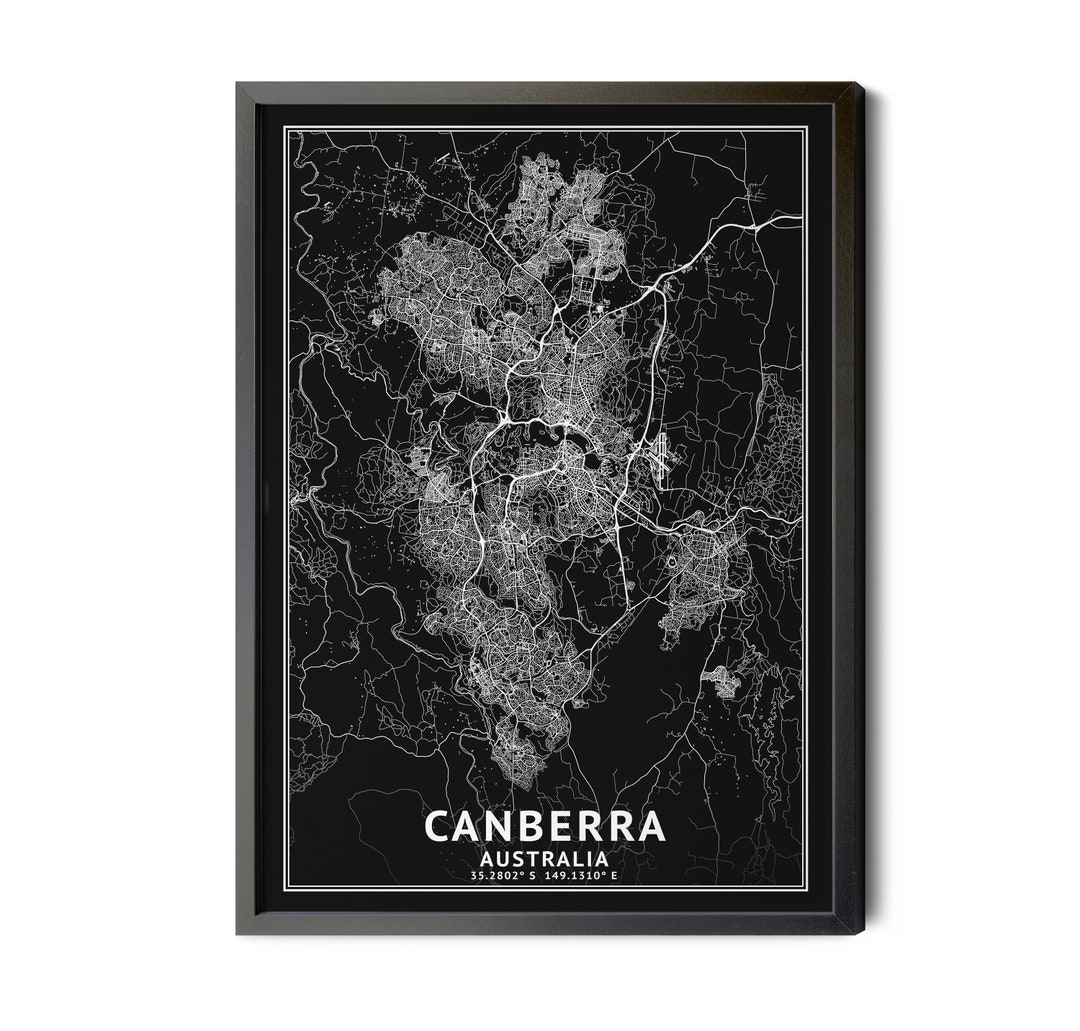 Canberra Australia, Map, Black and White, Inverted, Coordinates ...