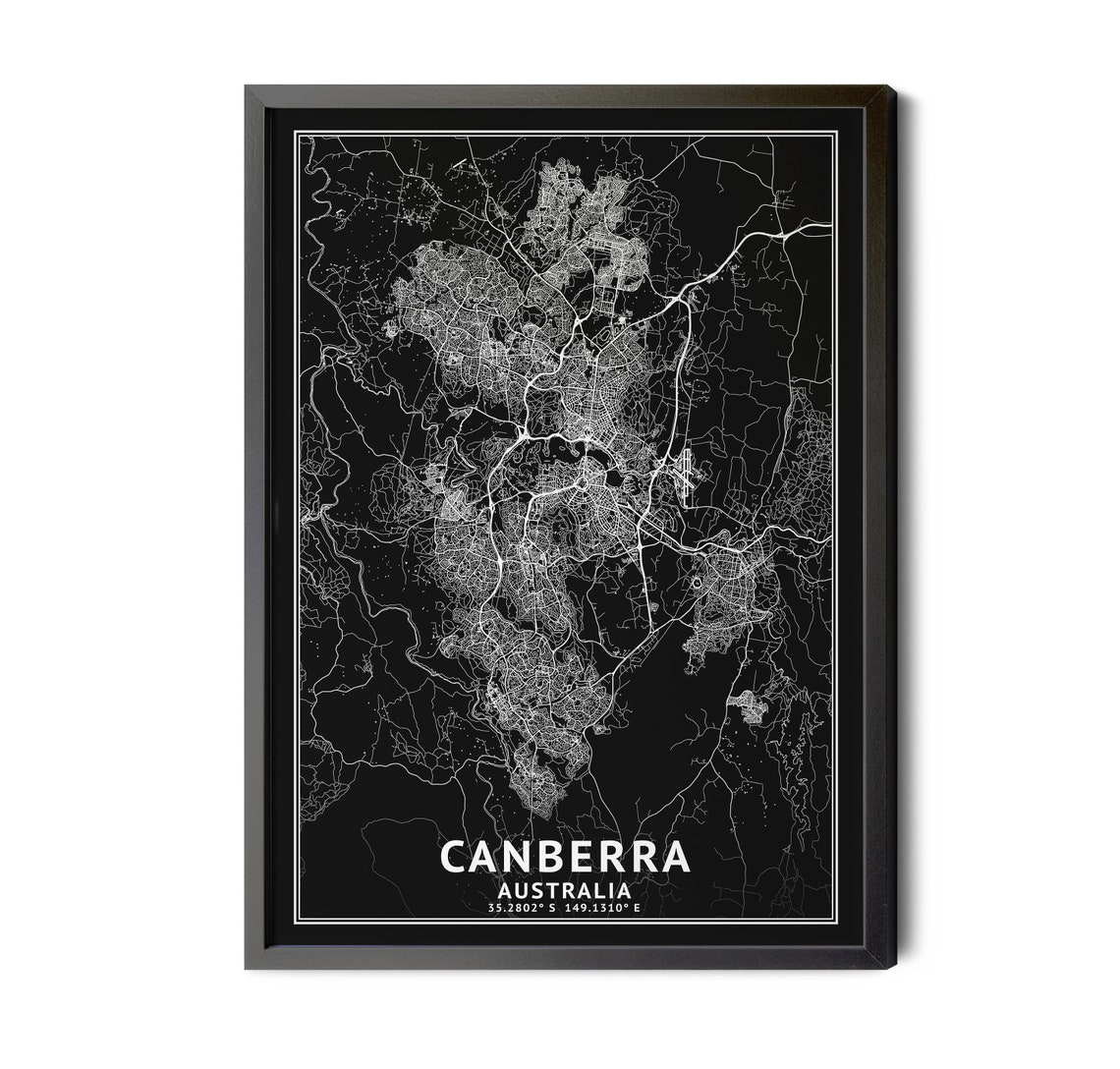 Canberra Australia Map Black and White Inverted - Etsy