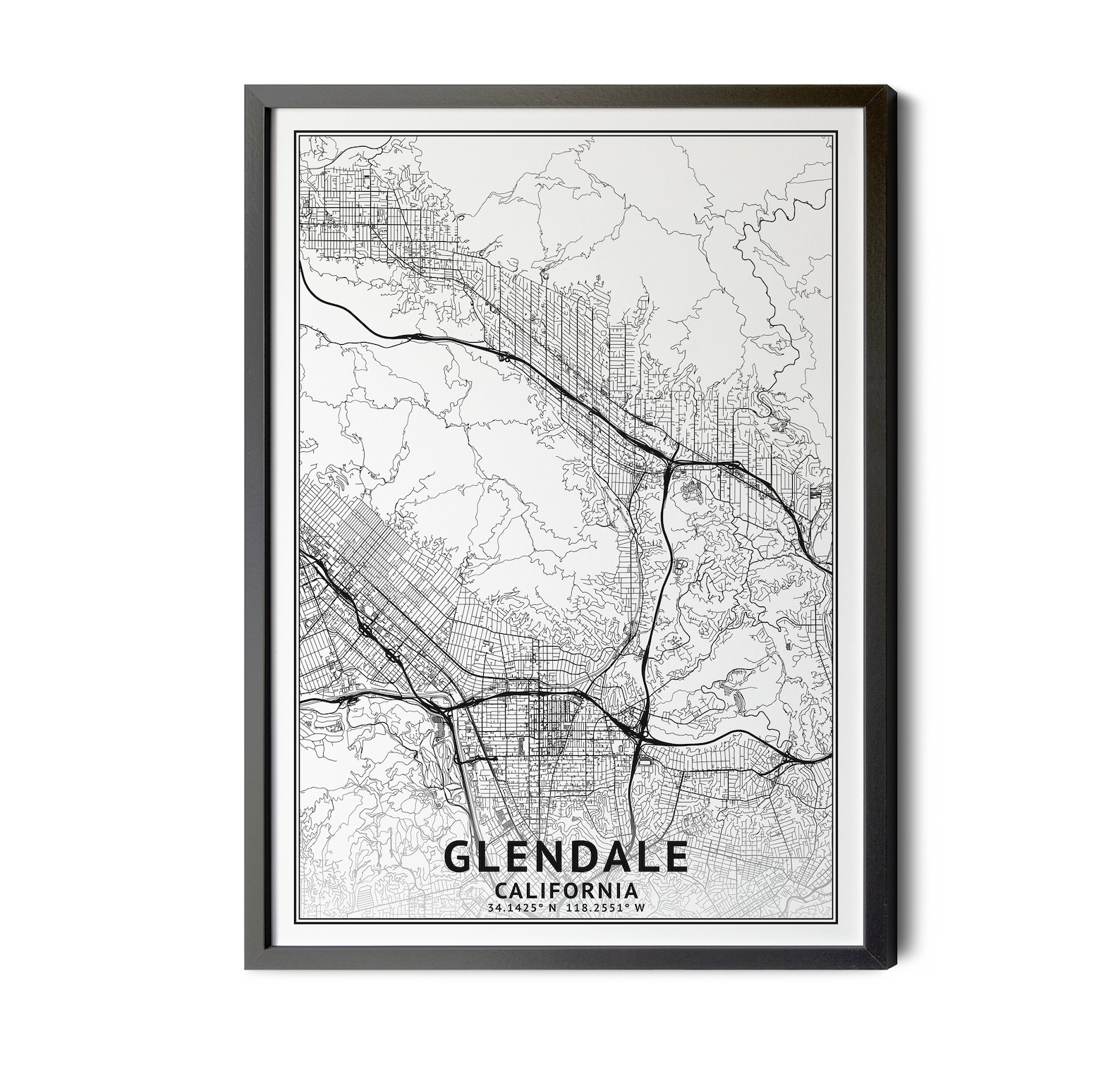 Glendale California Map, Black and White, Coordinates, Map of Glendale ...