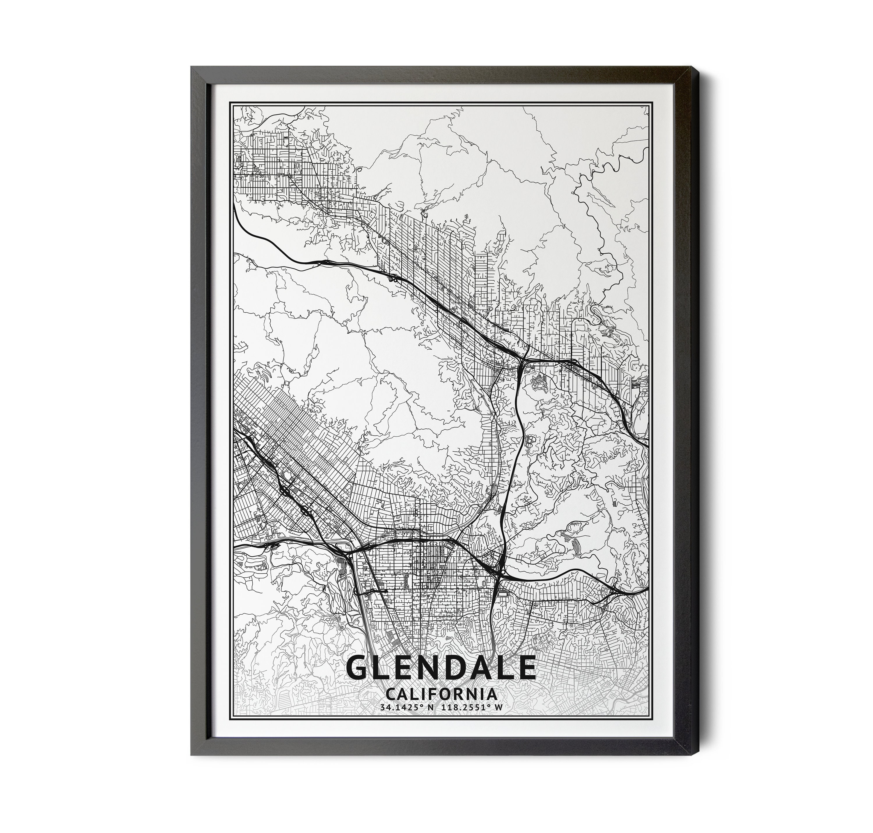 Glendale California Map, Black and White, Coordinates, Map of Glendale ...