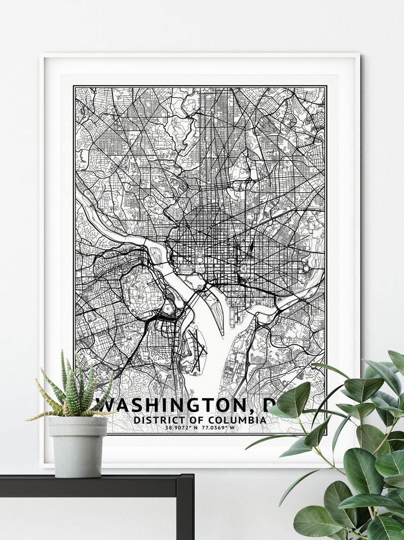 Washington DC Map Black and White Coordinates Washington DC - Etsy