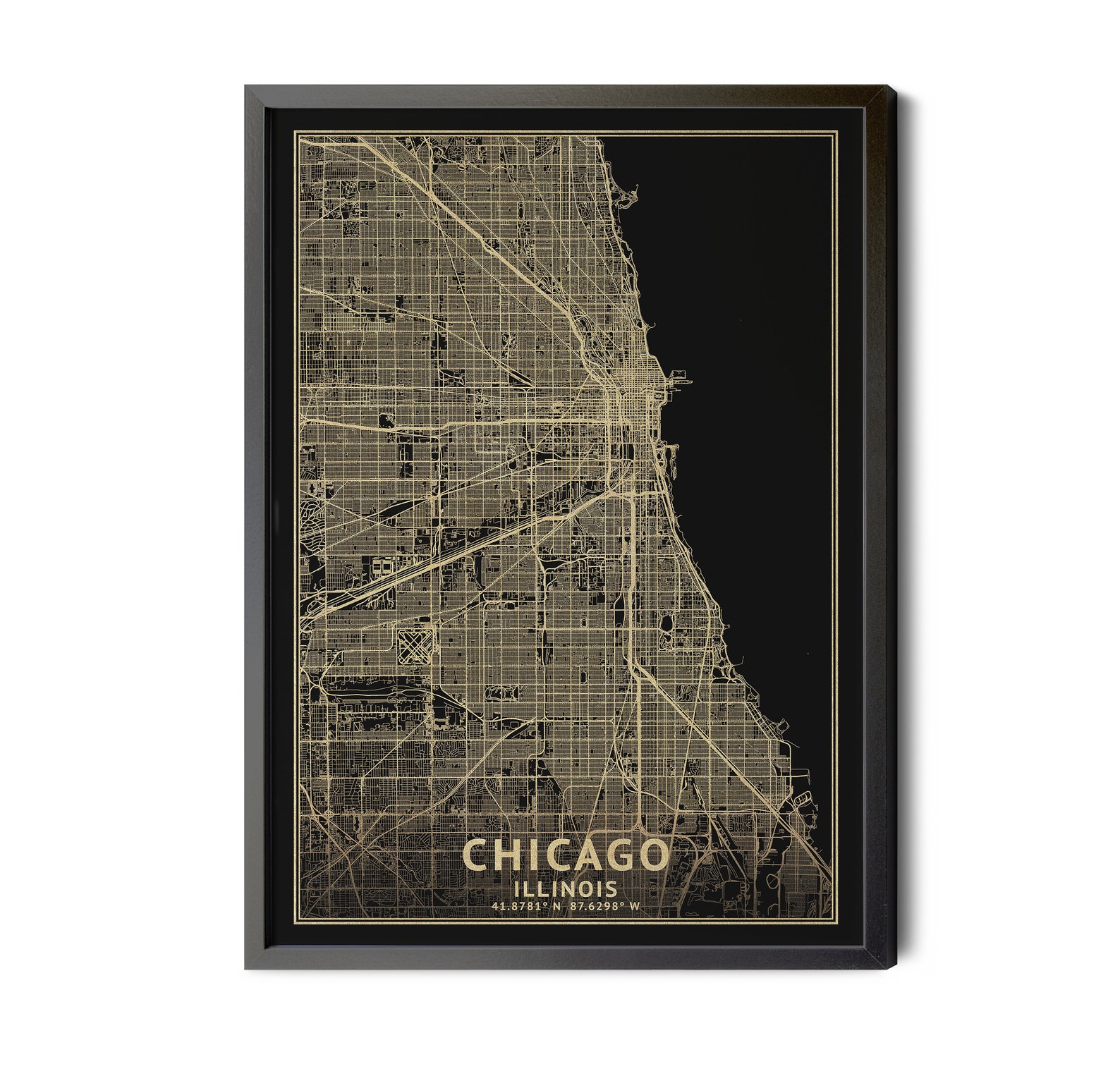 Chicago Map, Black, Gold, High Resolution Real Gold Leaf Texture ...