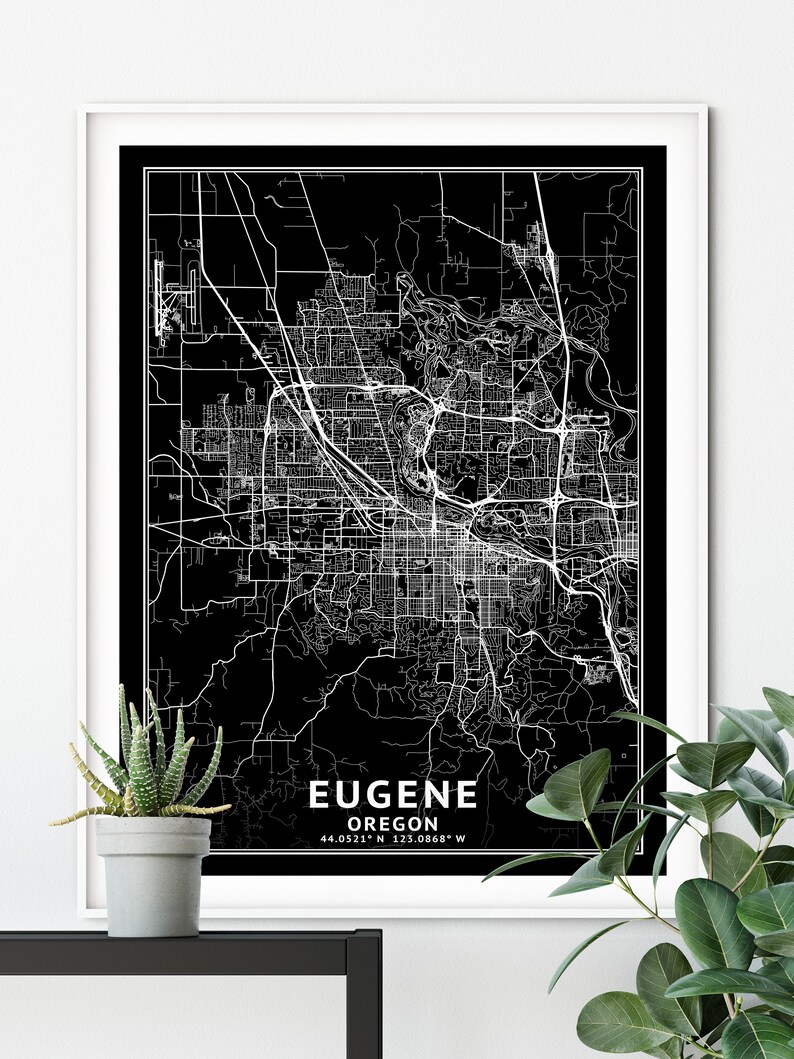 Eugene Oregon Map, Black and White, Inverted, Coordinates, Map of ...