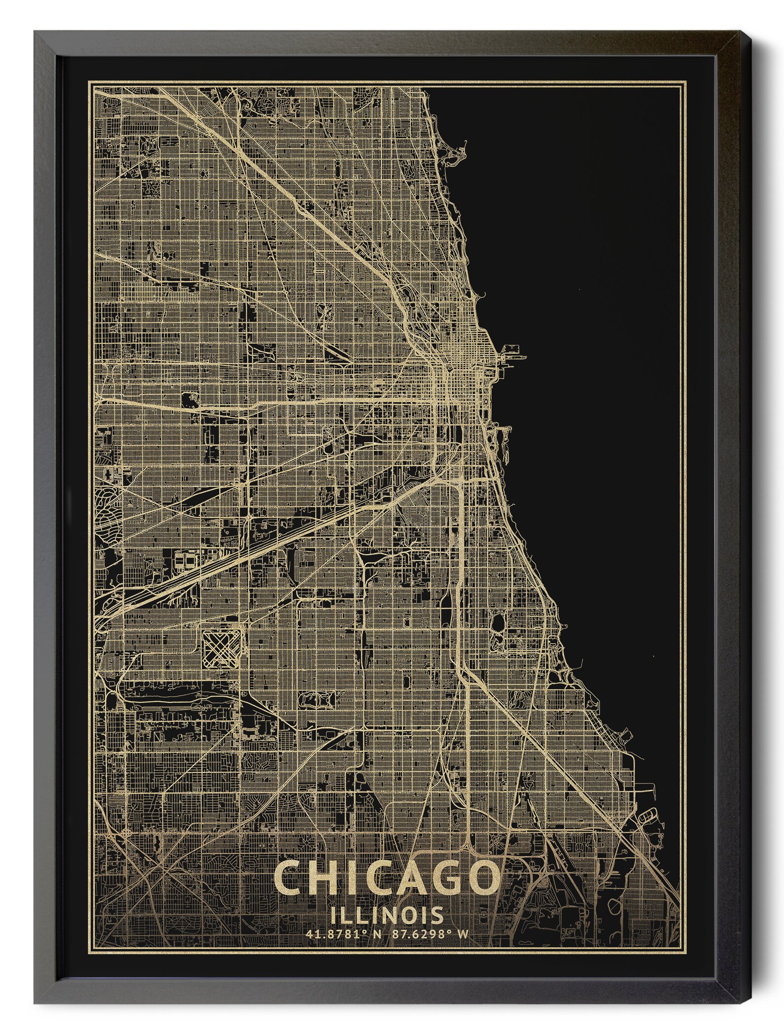 Chicago Map, Black, Gold, High Resolution Real Gold Leaf Texture ...