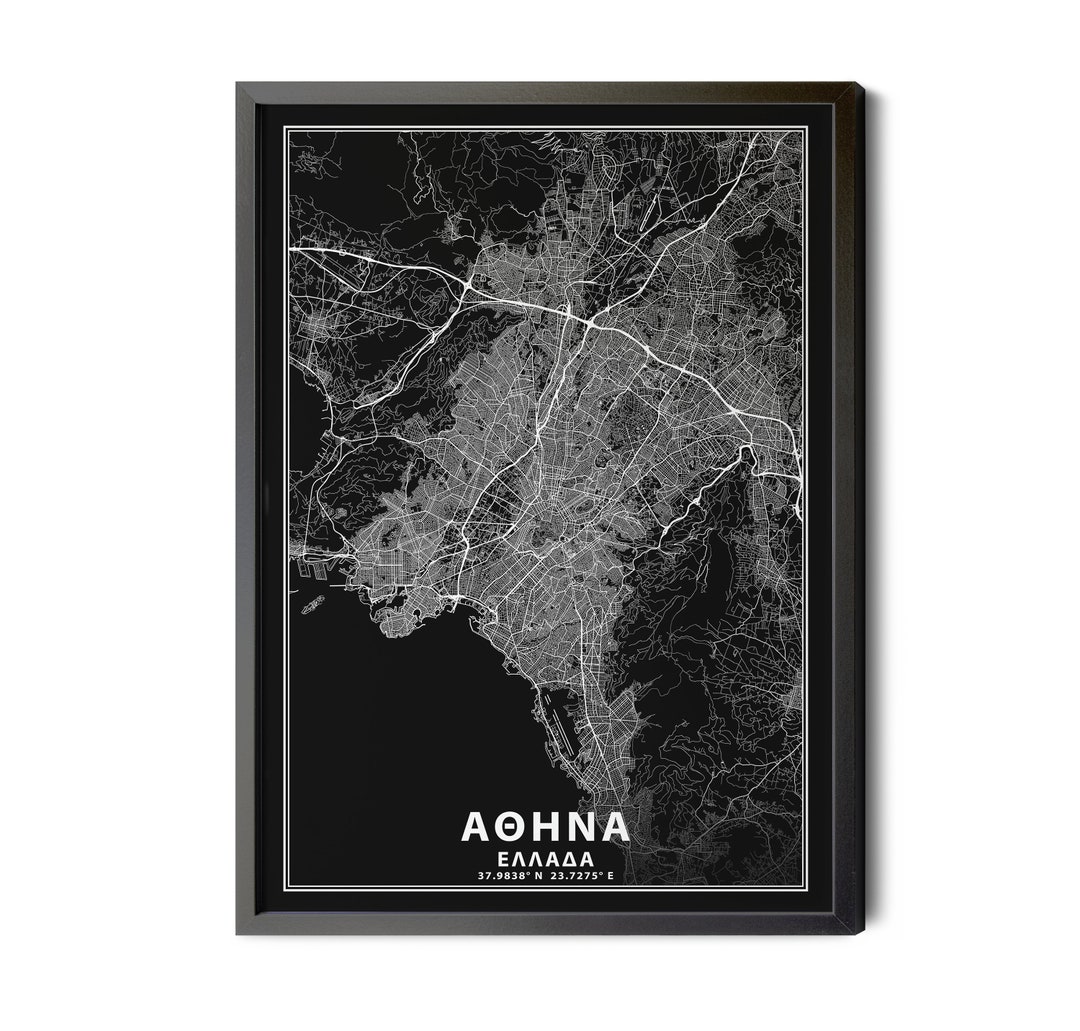 Athens Greece Map, Black and White, Inverted, Coordinates, City Map ...