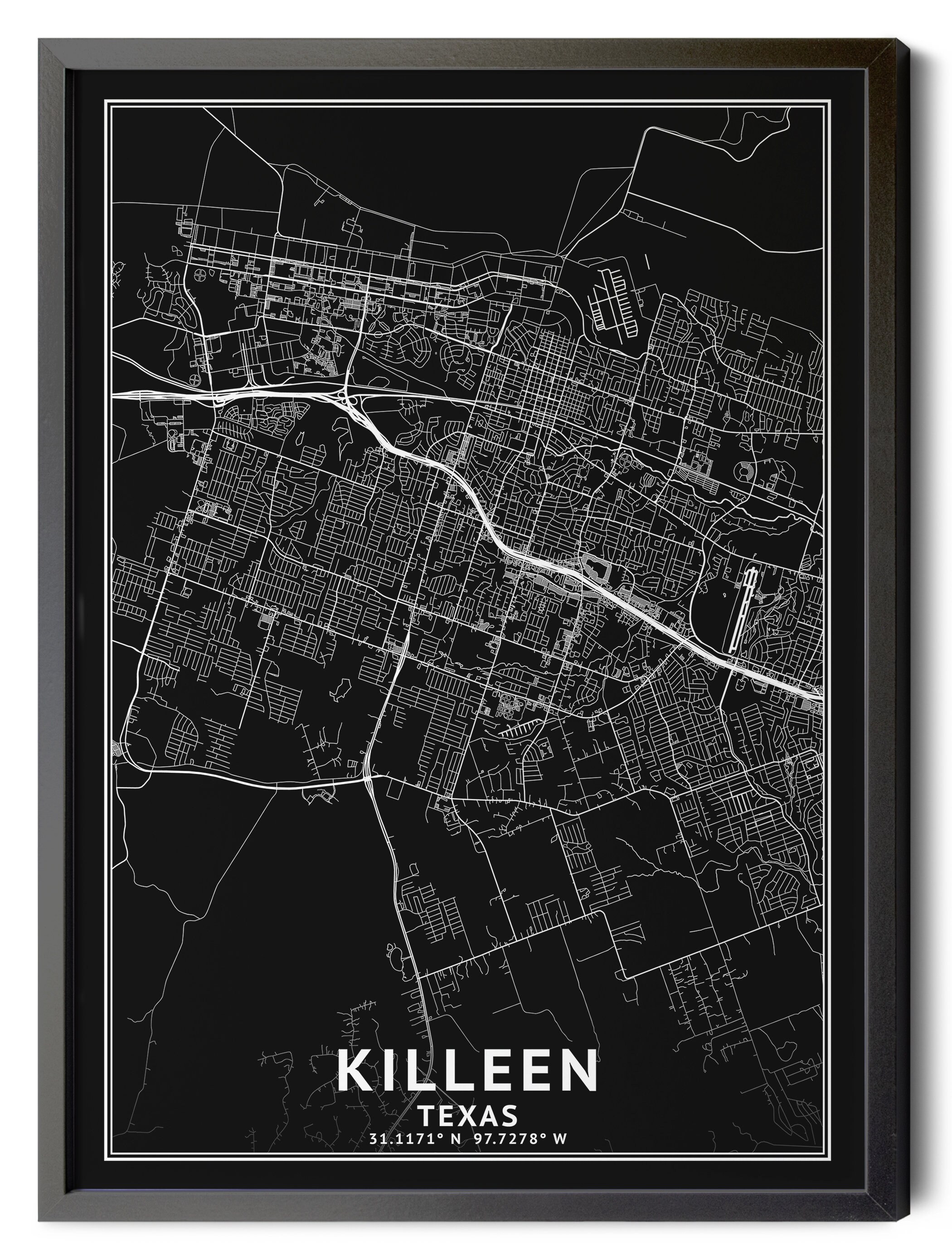 Killeen Texas Map Black and White Inverted Coordinates Map - Etsy