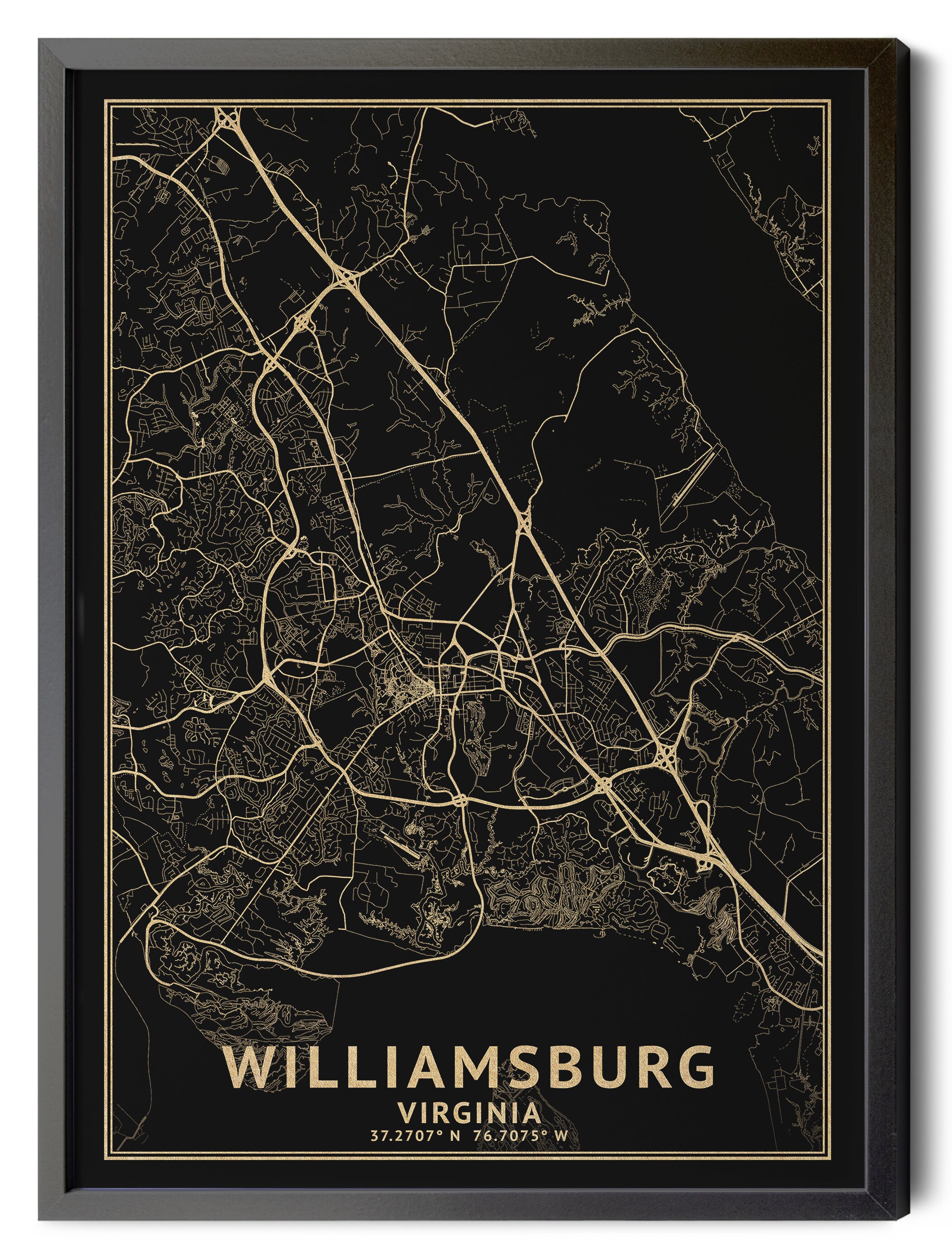 Williamsburg Virginia Map, Black, High Resolution Real Gold Leaf ...