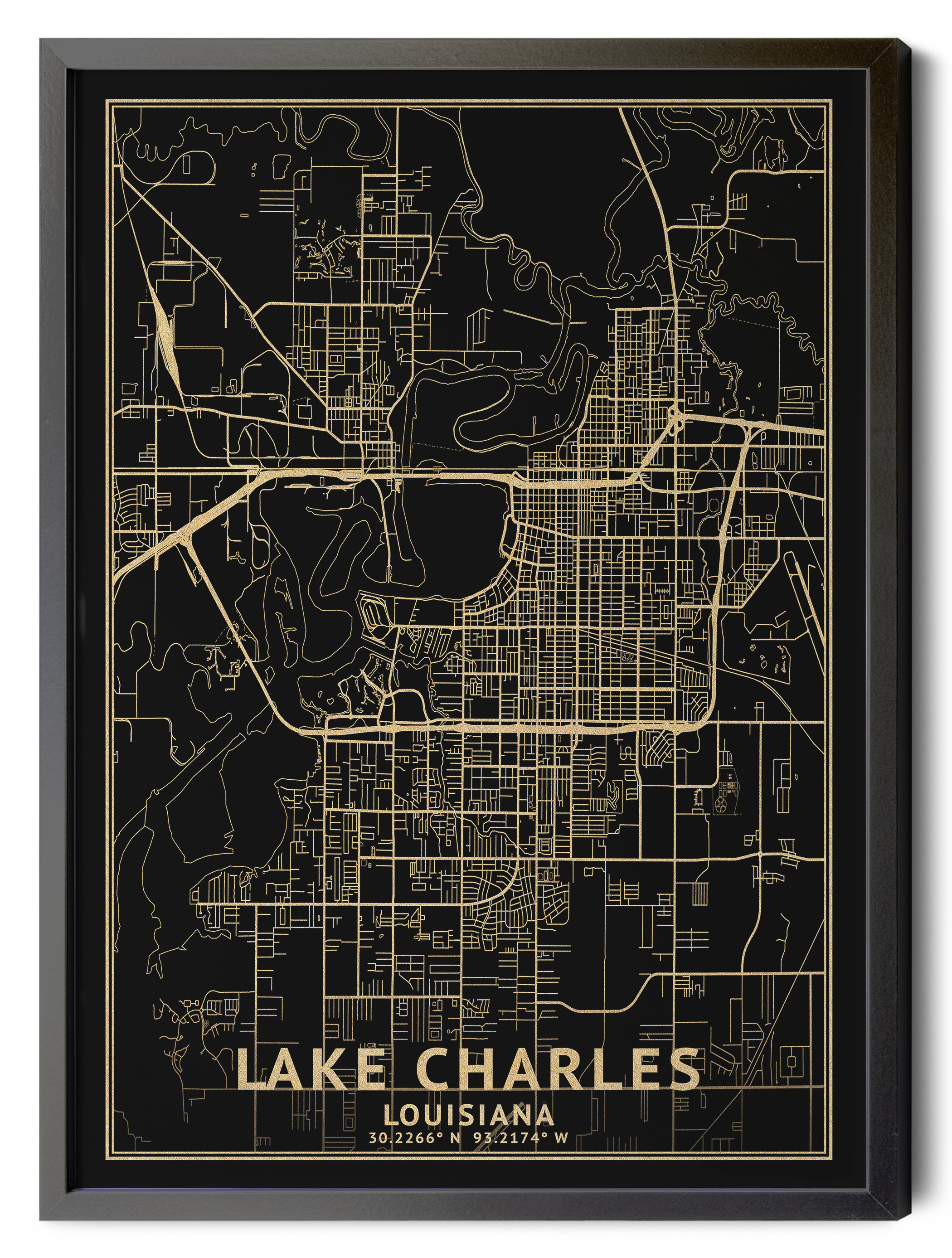 Lake Charles Louisiana, Map, Black, High Resolution Real Gold Leaf ...