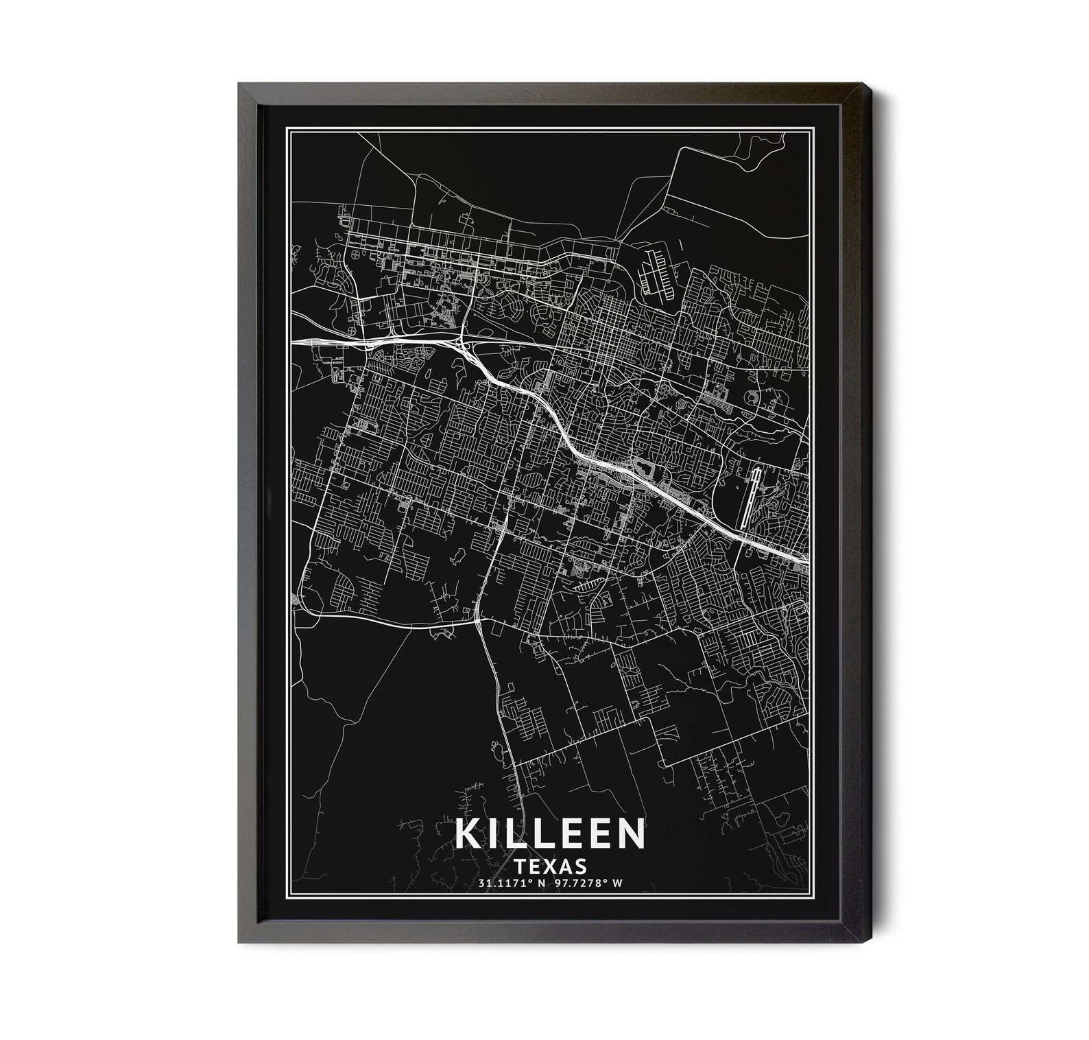 Killeen Texas Map Black and White Inverted Coordinates Map - Etsy