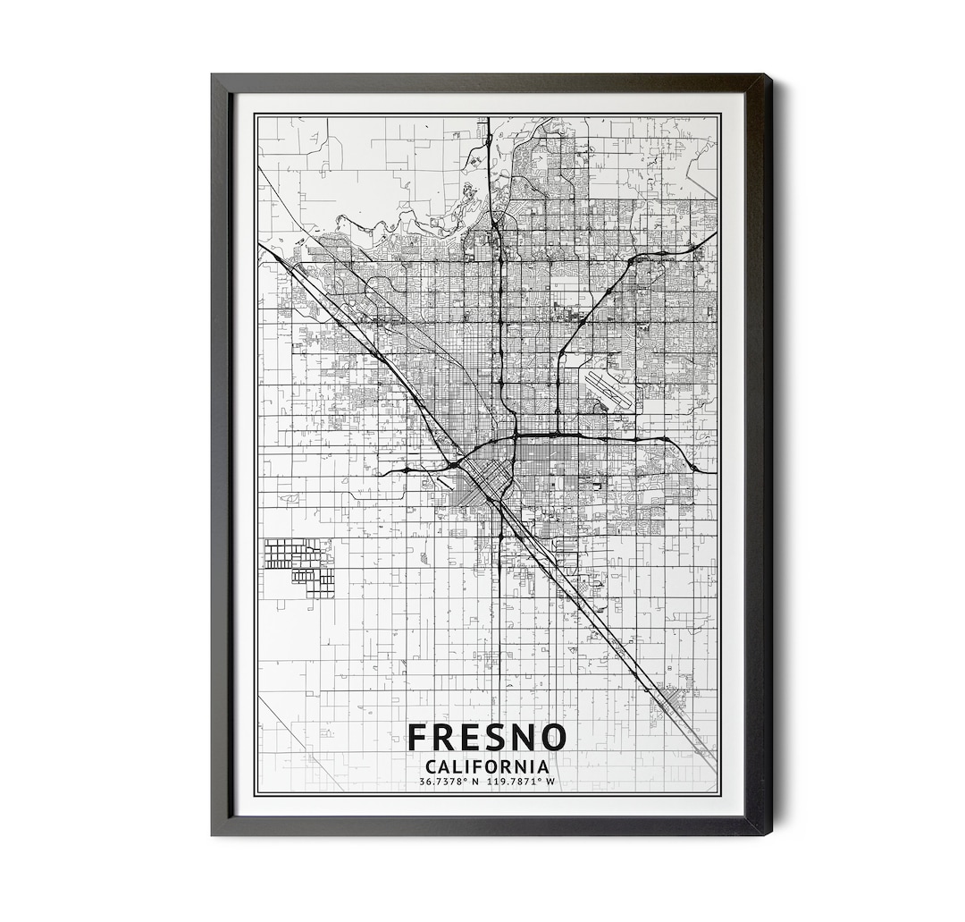 Fresno California Map, Black and White, Coordinates, Map of Fresno ...