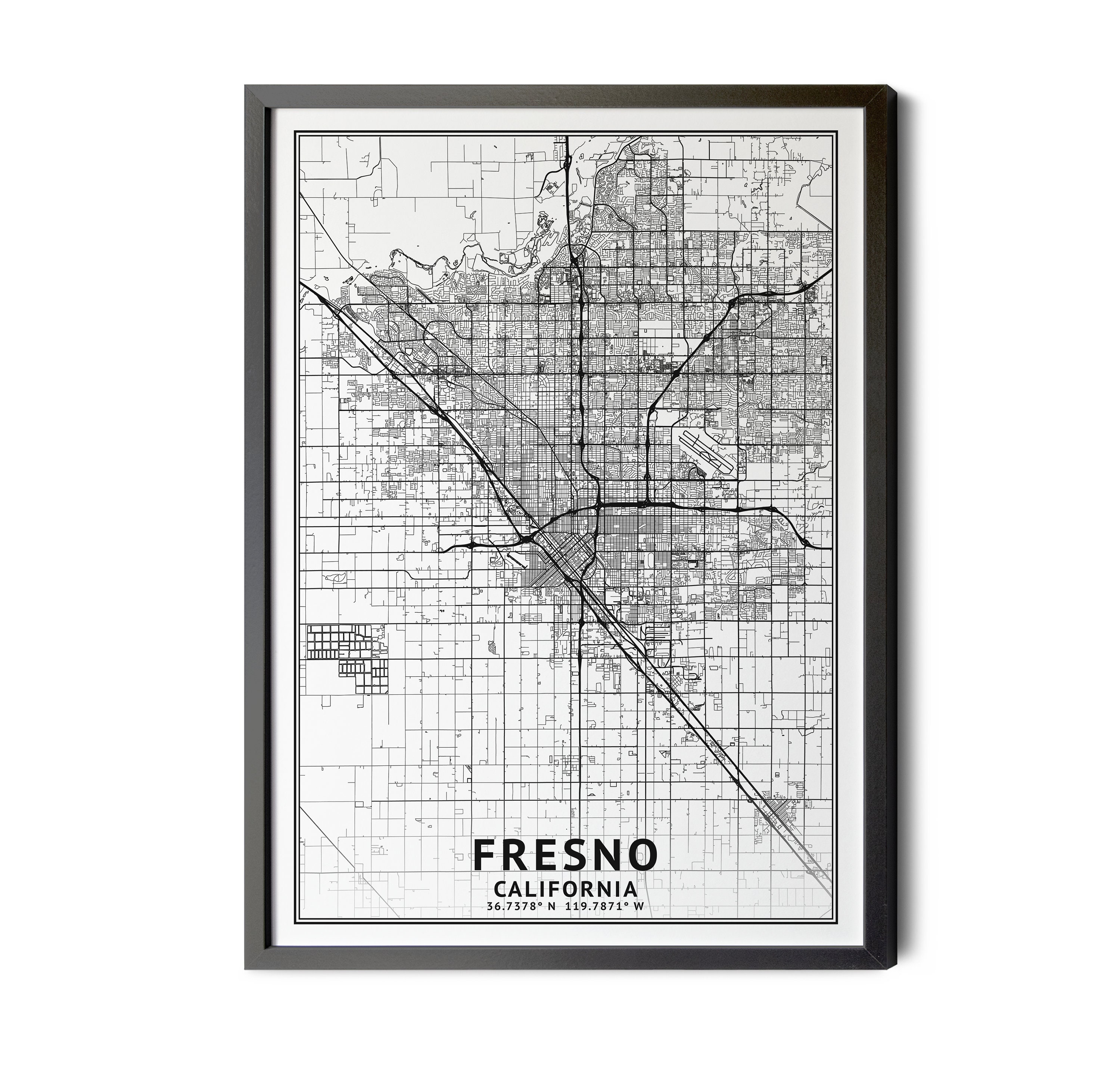 Fresno California Map, Black and White, Coordinates, Map of Fresno ...