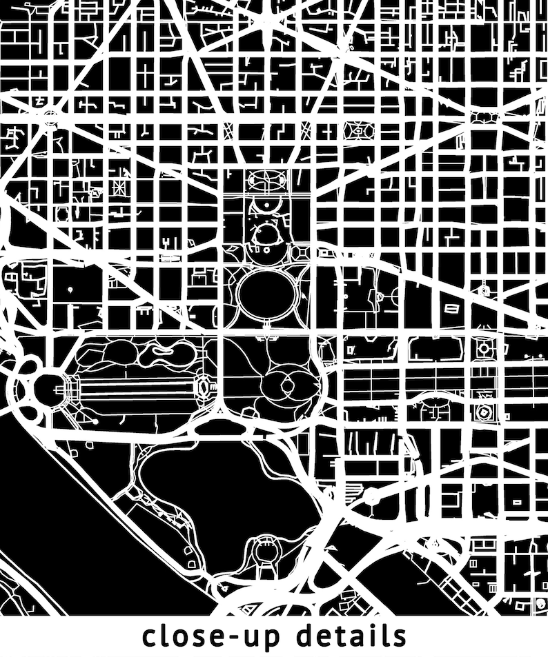 Washington DC Map, Black and White, Inverted, Washington DC Poster ...