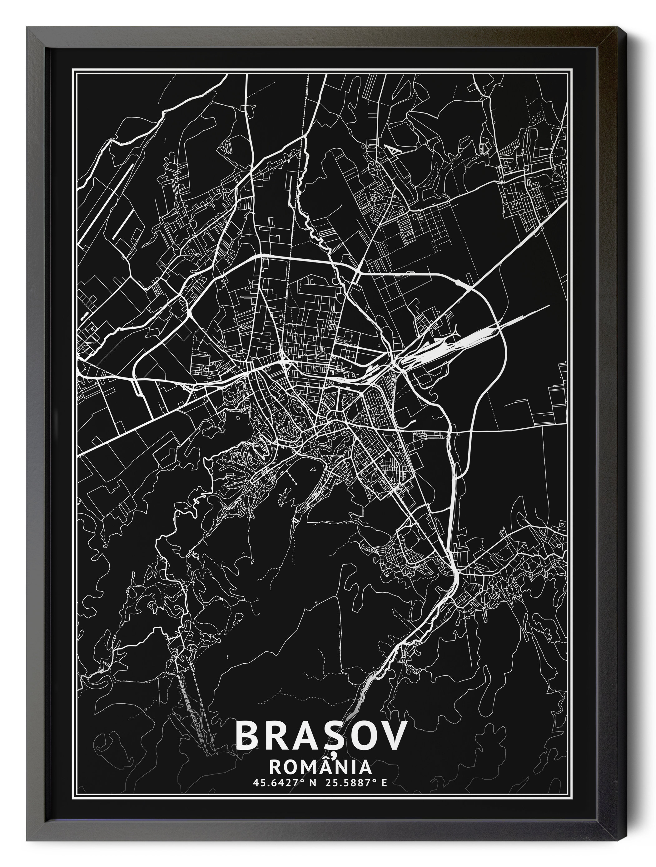 Brasov Romania Map, Black and White, Inverted, Coordinates, Map of ...