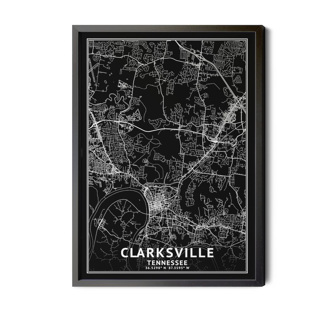 Clarksville Tennessee Map, Black and White, Inverted, Coordinates, Map ...