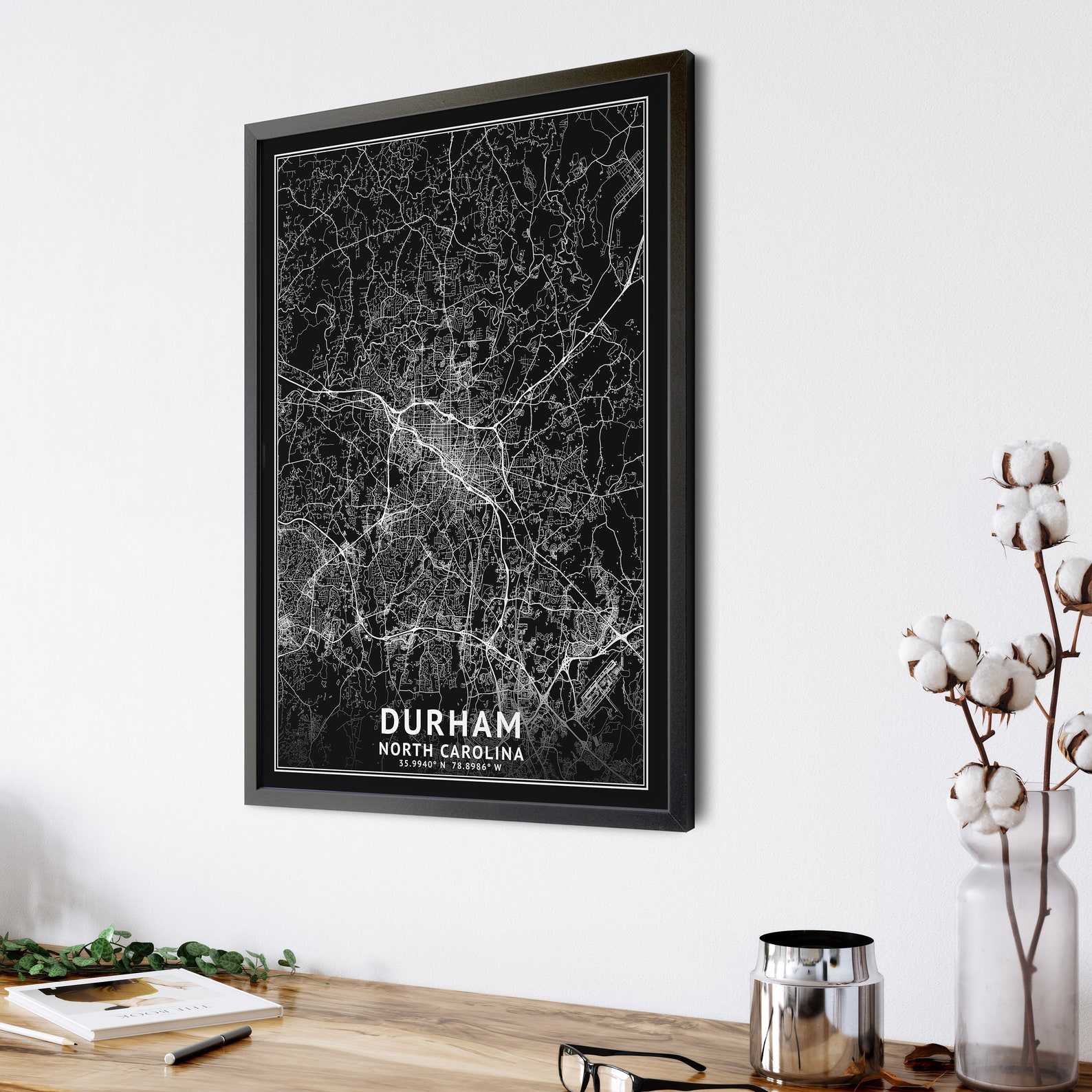 Durham North Carolina Map Black and White Inverted | Etsy